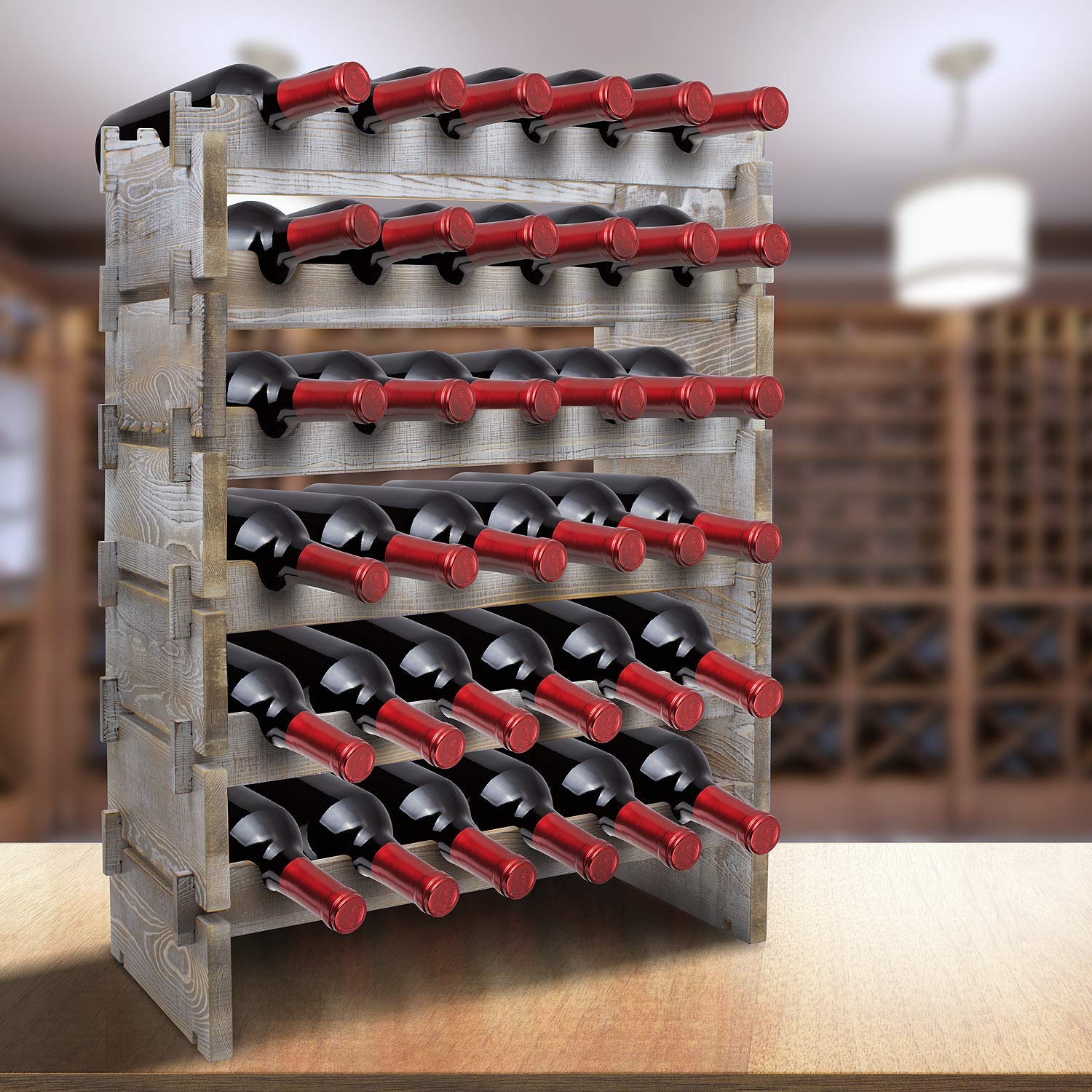 Sorbus® Wood Wine Stackable Rack 6 Tier — Rustic Style Wine Racks for Bottles — Perfect for Bar, Wine Cellar, Basement, Cabinet, Pantry, etc. (6-Tier, Grey Wood)