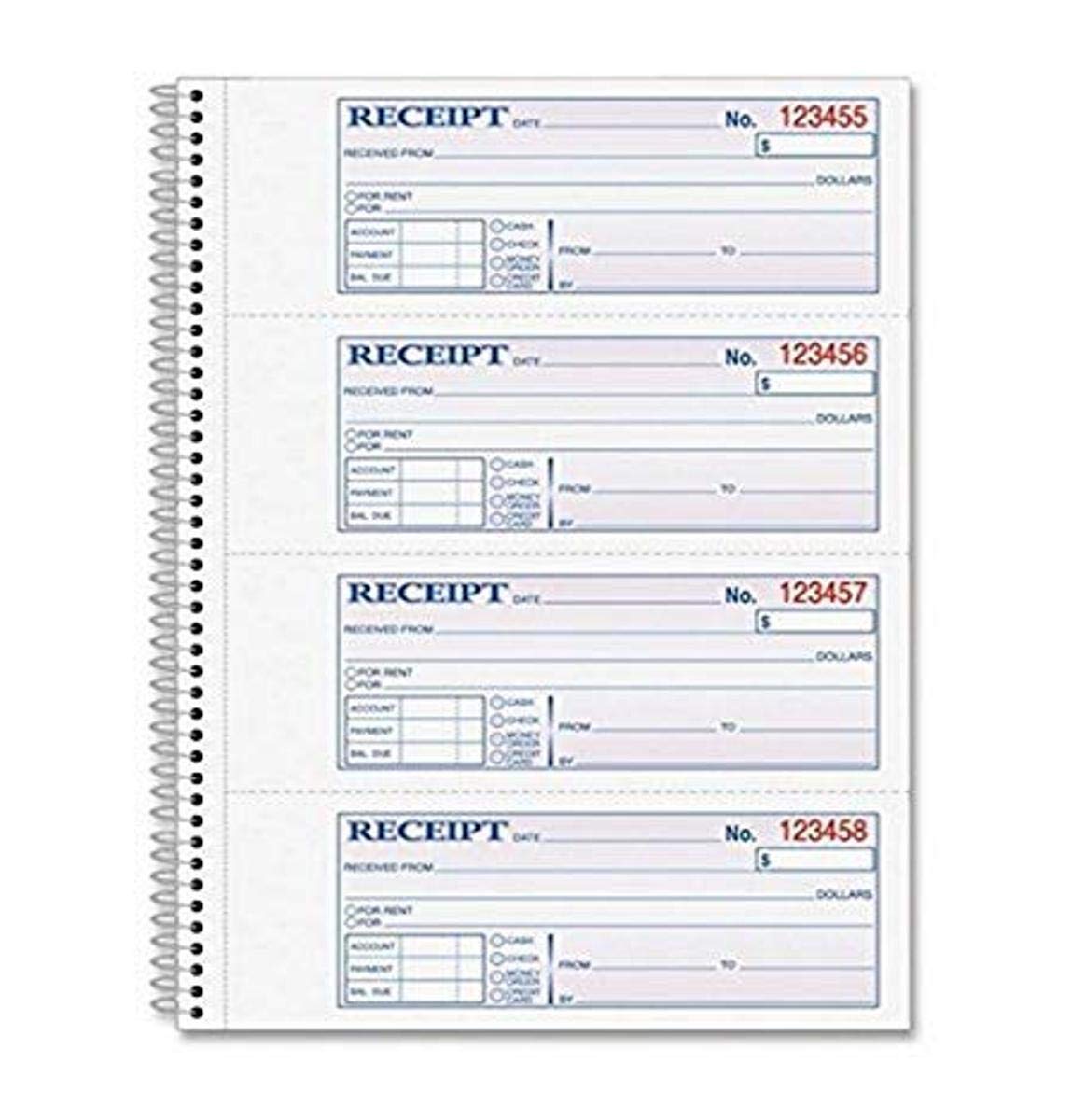 Adams Money and Rent Receipt Book, 2-Part Carbonless, 7-5/8" x 11", Spiral Bound, 200 Sets per Book, 4 Receipts per Page (SC1182)