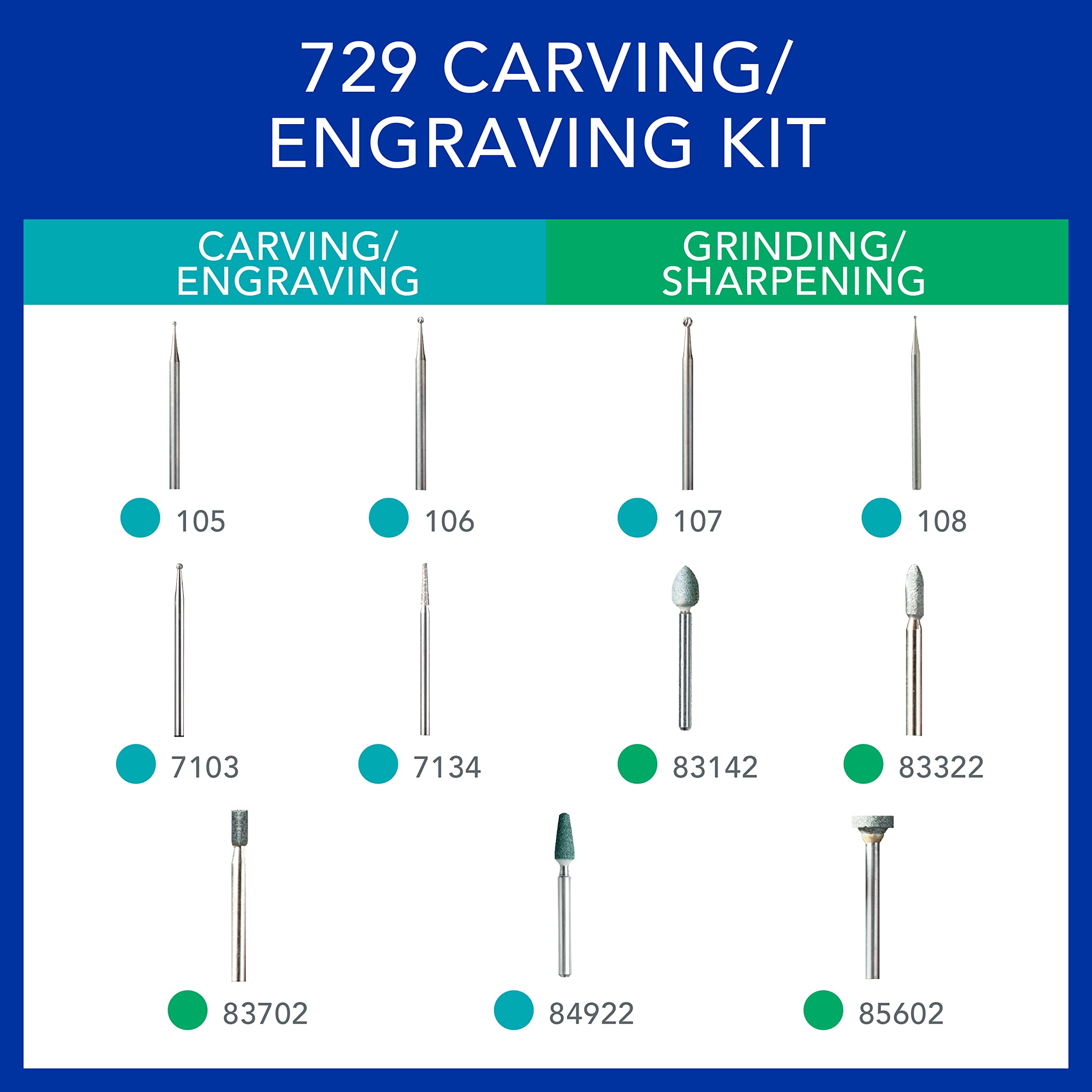 Dremel 729-01 Carving & Engraving Rotary Tool Accessories Kit, 11-Piece Assorted Set - Perfect for Use On Wood, Metal, and Glass