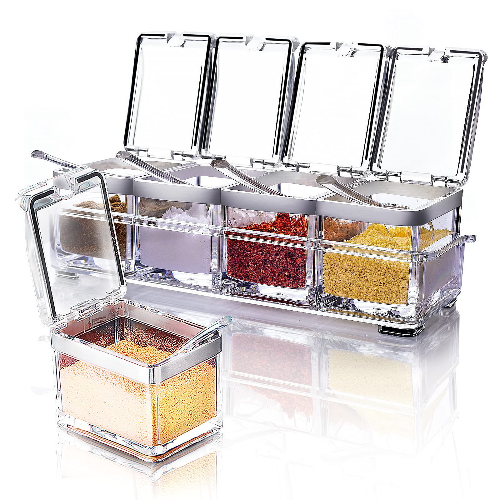 Acrylic Seasoning Box Set, 4 Piece Clear Seasoning Rack Spice Pots, Premium Quality Storage Container Condiment Jars for Spice Salt Sugar Cruet Kitchen Organization Containers with Cover and Spoon