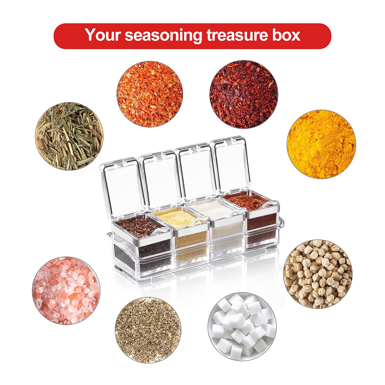 Acrylic Seasoning Box Set, 4 Piece Clear Seasoning Rack Spice Pots, Premium Quality Storage Container Condiment Jars for Spice Salt Sugar Cruet Kitchen Organization Containers with Cover and Spoon