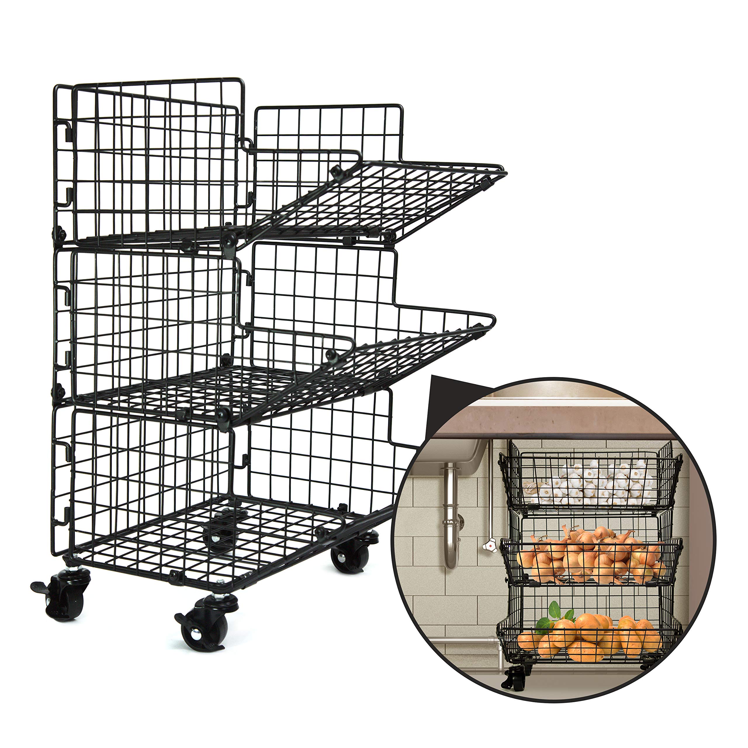 Kitchen Fruit Basket Stand 3 tier with wheels under sink organizers and storage for potatoes & onions produce holder storage bins vegetable holder for kitchen & house holder items