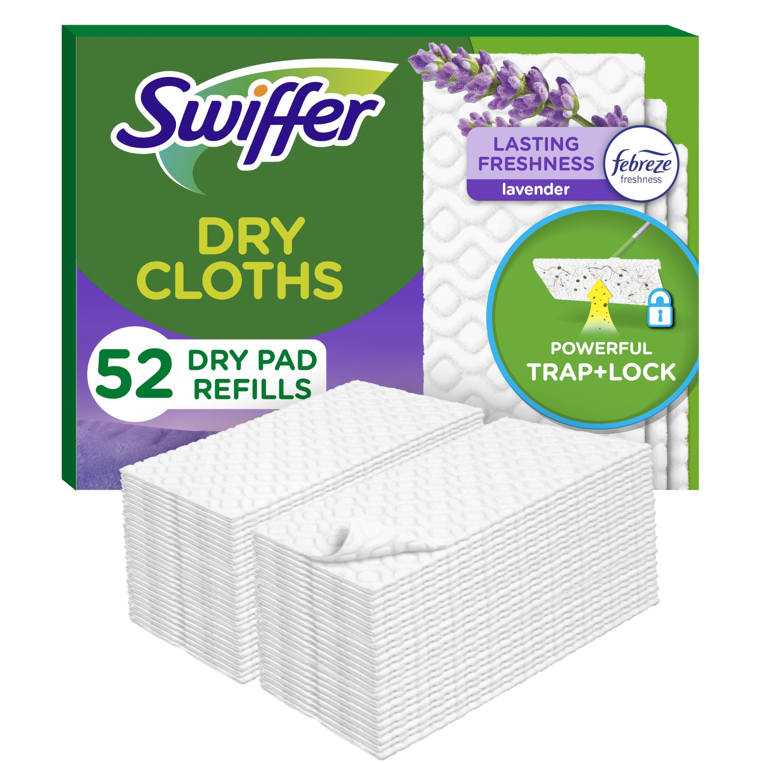 Swiffer Sweeper Dry Sweeping Pad, Multi Surface Refills for Dusters Floor Mop with Febreze Lavender Scent, 52 Count