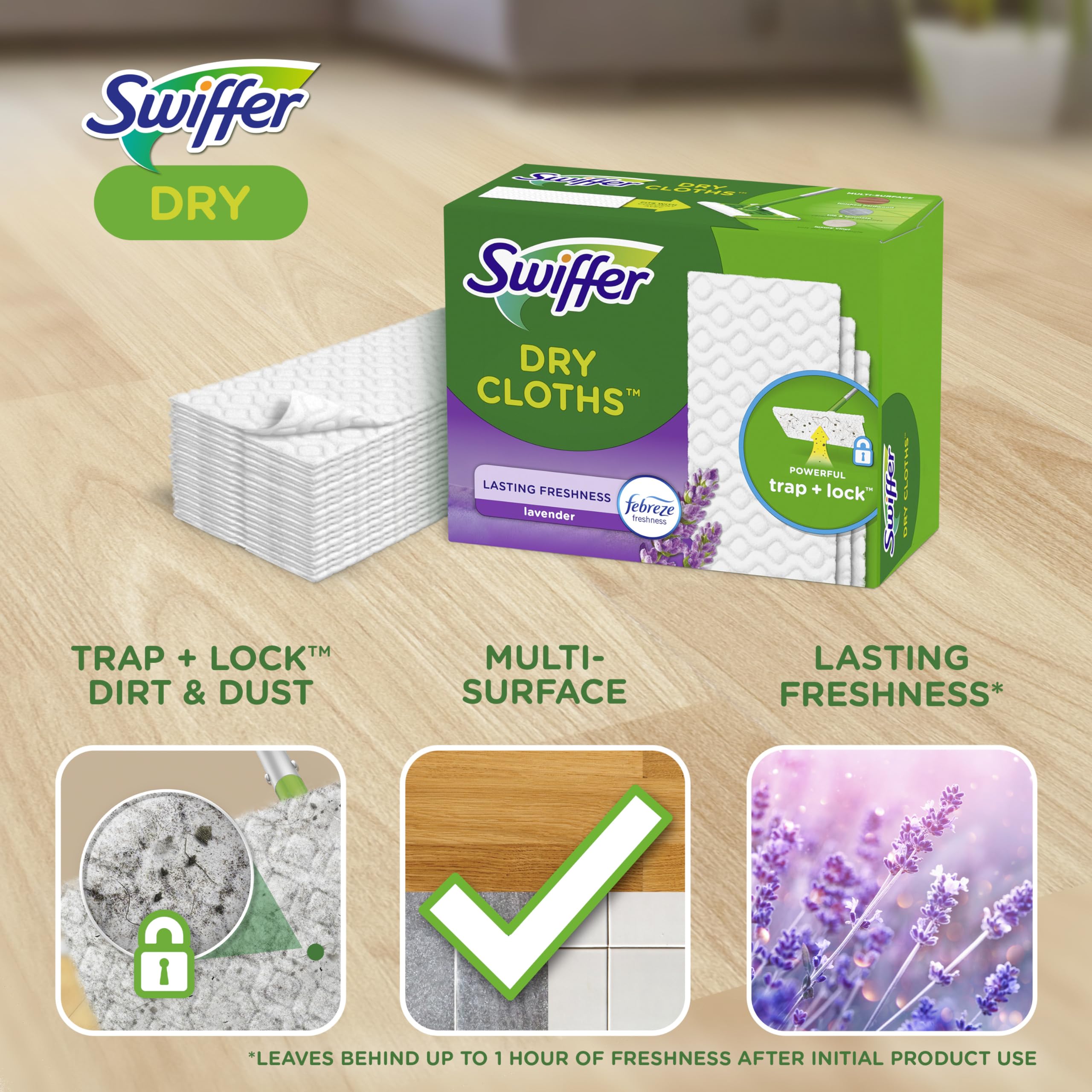Swiffer Sweeper Dry Sweeping Pad, Multi Surface Refills for Dusters Floor Mop with Febreze Lavender Scent, 52 Count