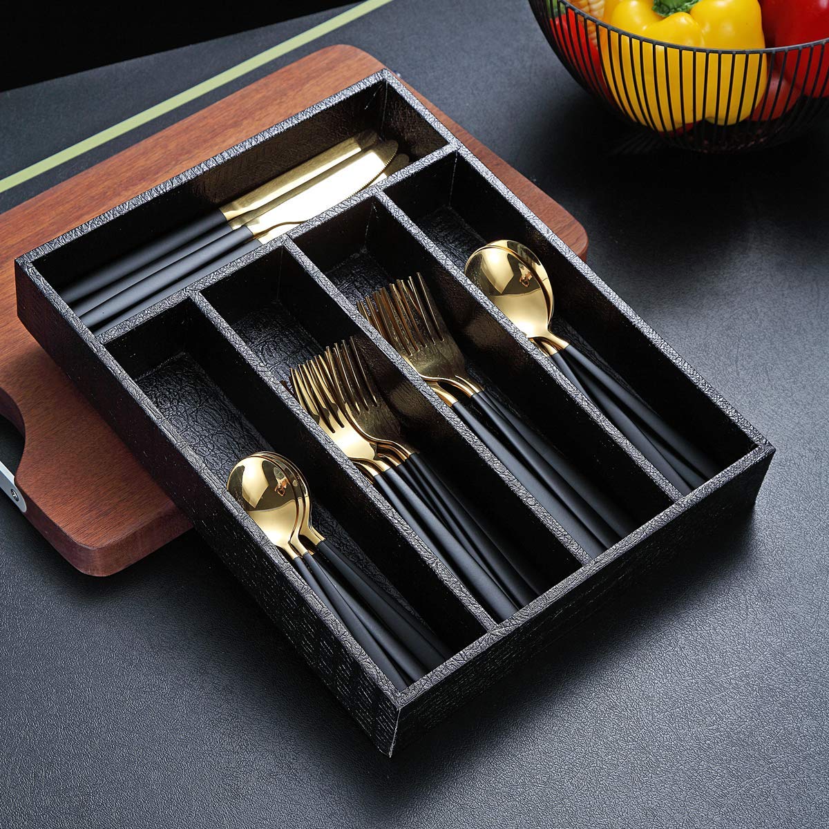 Berglander Drawer Organizers, Black Leather Wood Kitchen Silverware Tray for Drawer, Utensil Tray Drawer Organizer, Kitchen Silverware Organizer, Cutlery Flatware Organizer with Drawers