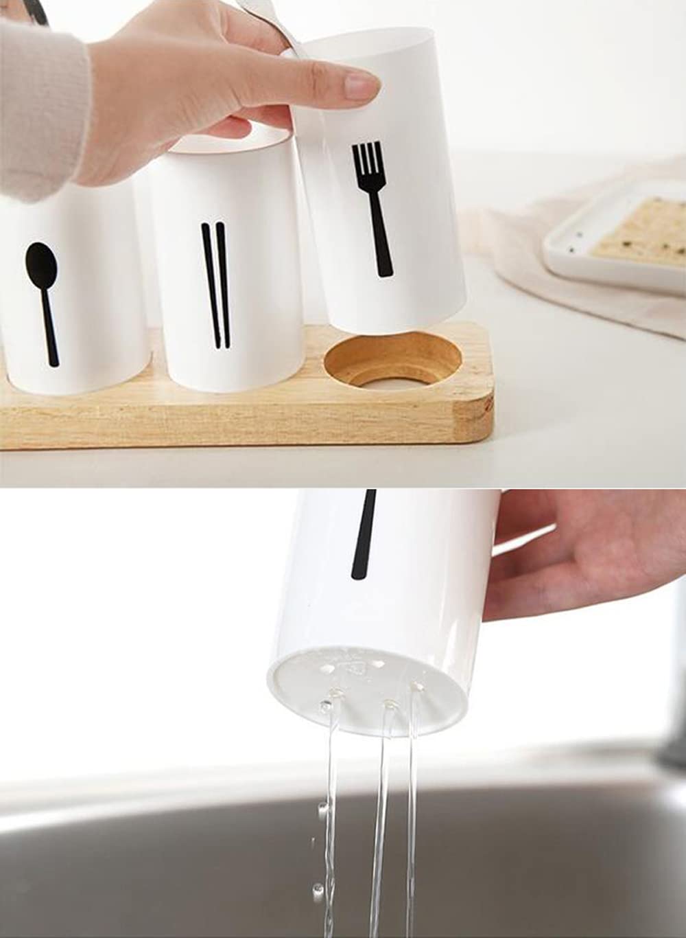 ROWOZOUY Kitchen Utensil Holder Drain Tableware Utensil Caddy Flatware Organizer with Wood Base