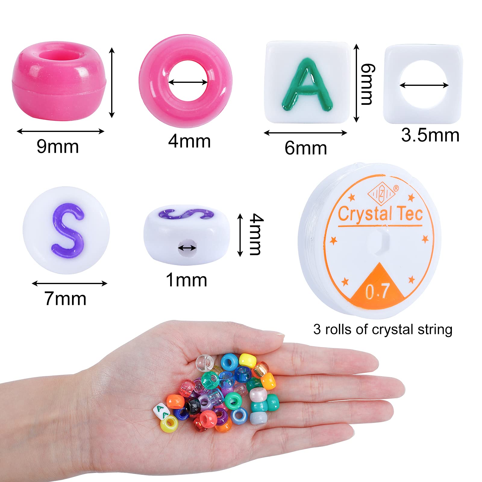 Quefe 3850pcs Pony Beads Kit, 3060pcs Rainbow Opaque Beads and 790pcs Letter Beads, 36 Colors 10 Pendants and 3 Rolls Crystal String for Bracelets Jewelry Necklace Making Crafts