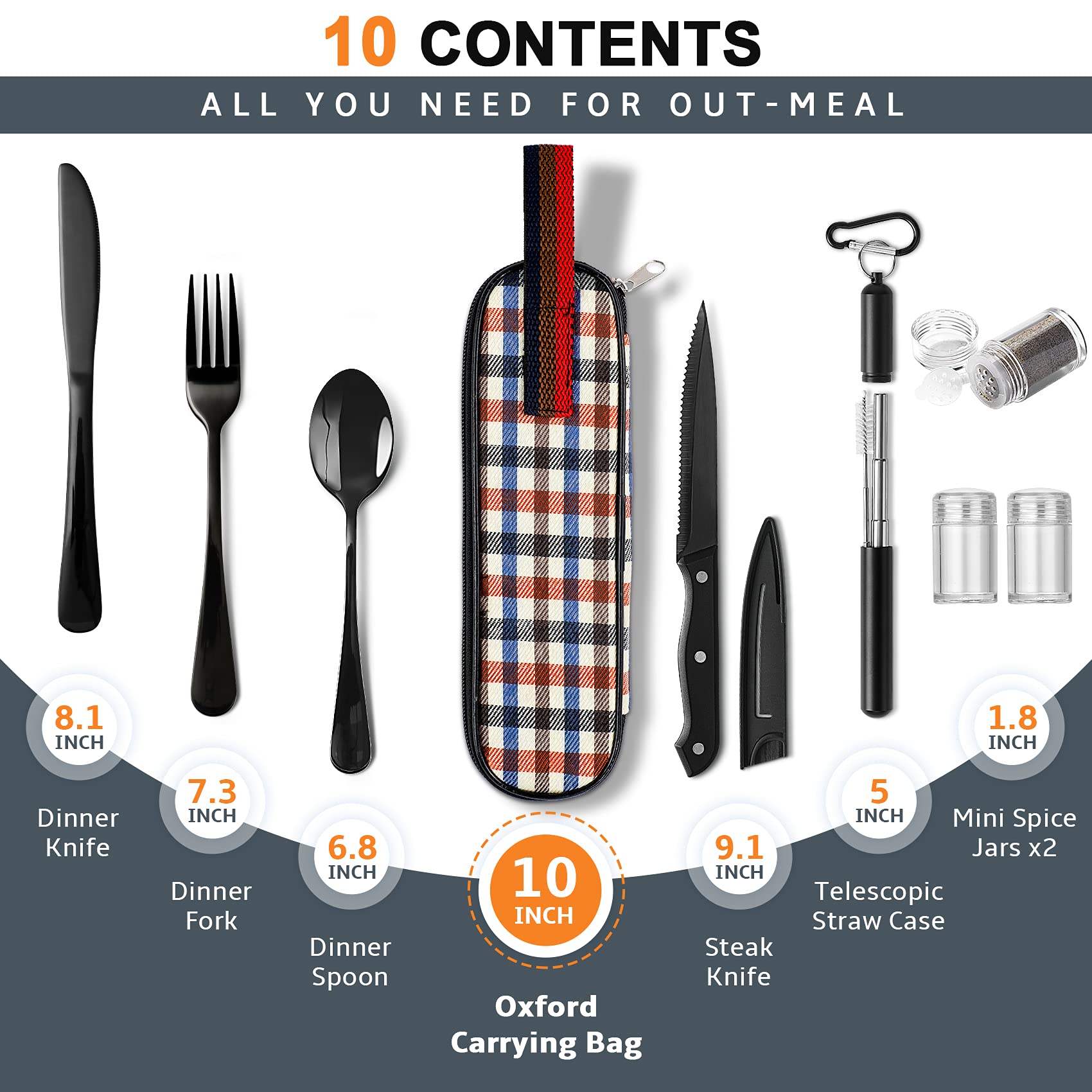 Portable Travel Utensils Set, Travel Camping Cutlery Set, Reusable Stainless Steel Flatware Set with Case for Office School Picnic (Black)