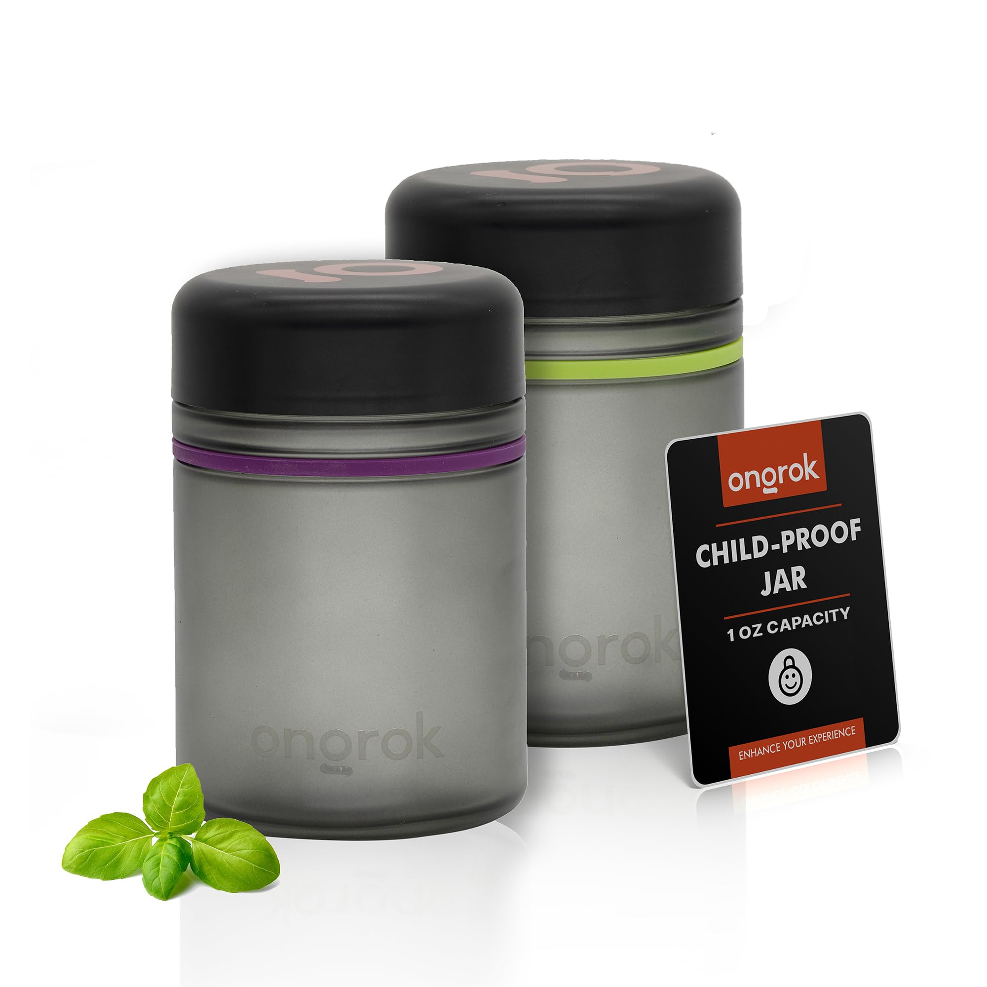 ONGROK Glass Storage Jar, 500ml, 2 Pack, Color-Coded Airtight Glass Containers, UV Herb/Spice Jar to with Child Resistant Lid, Perfect Size Jar to Store in a Drawer or Cupboard