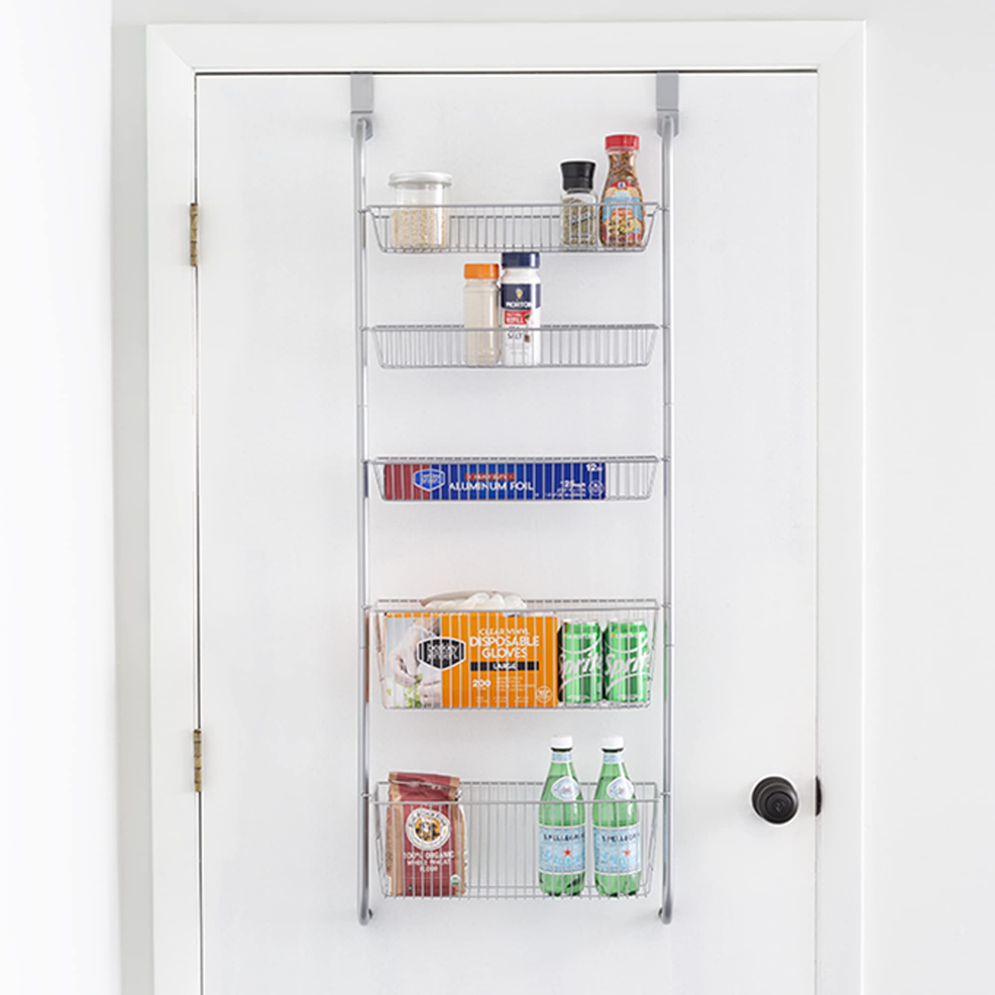 5 Tier Over The Door Pantry Organizer (Silver), By Home Basics | Metal Pantry Door Rack | Hanging Pantry Organizer For Condiments, Spices, Snacks, and Canned Goods