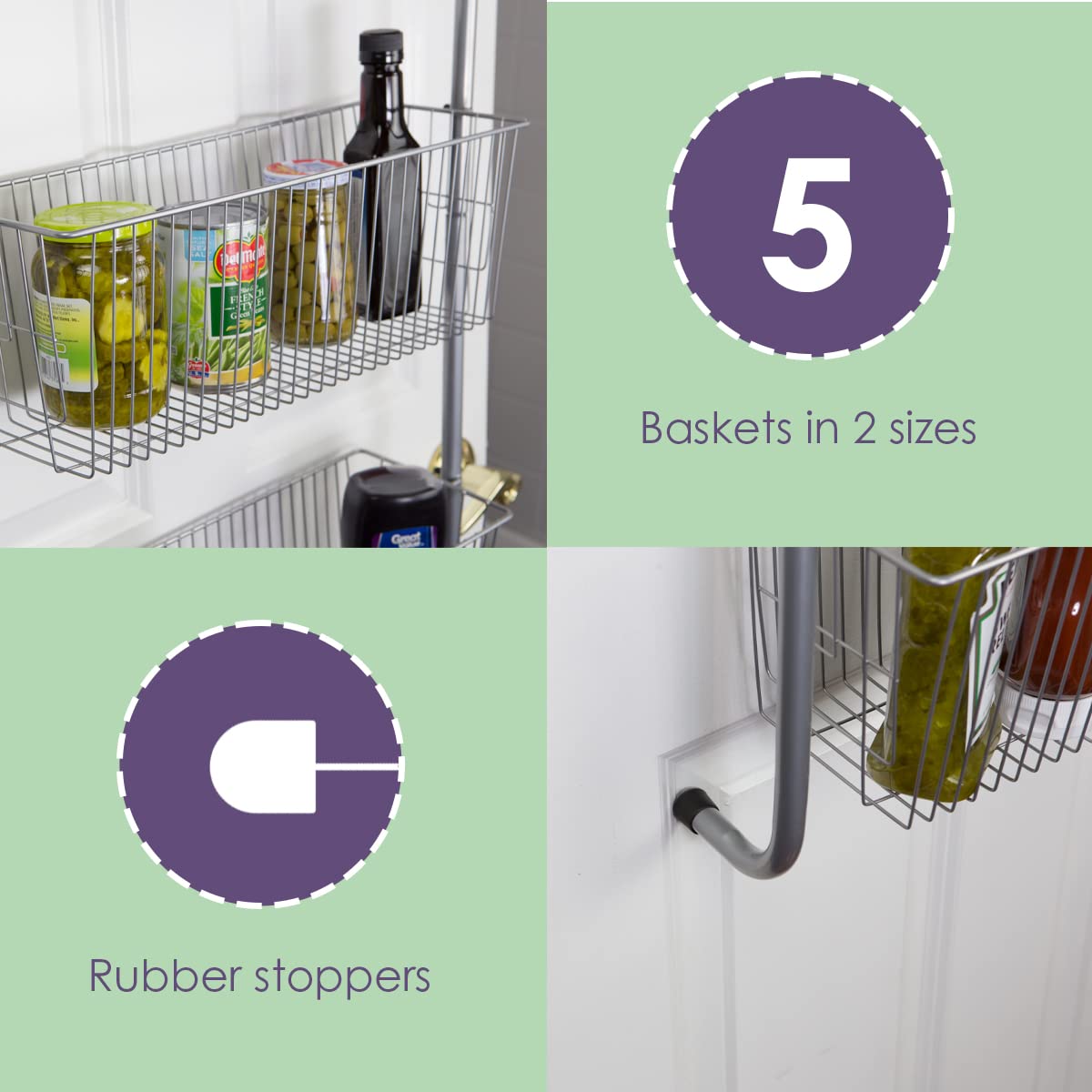 5 Tier Over The Door Pantry Organizer (Silver), By Home Basics | Metal Pantry Door Rack | Hanging Pantry Organizer For Condiments, Spices, Snacks, and Canned Goods
