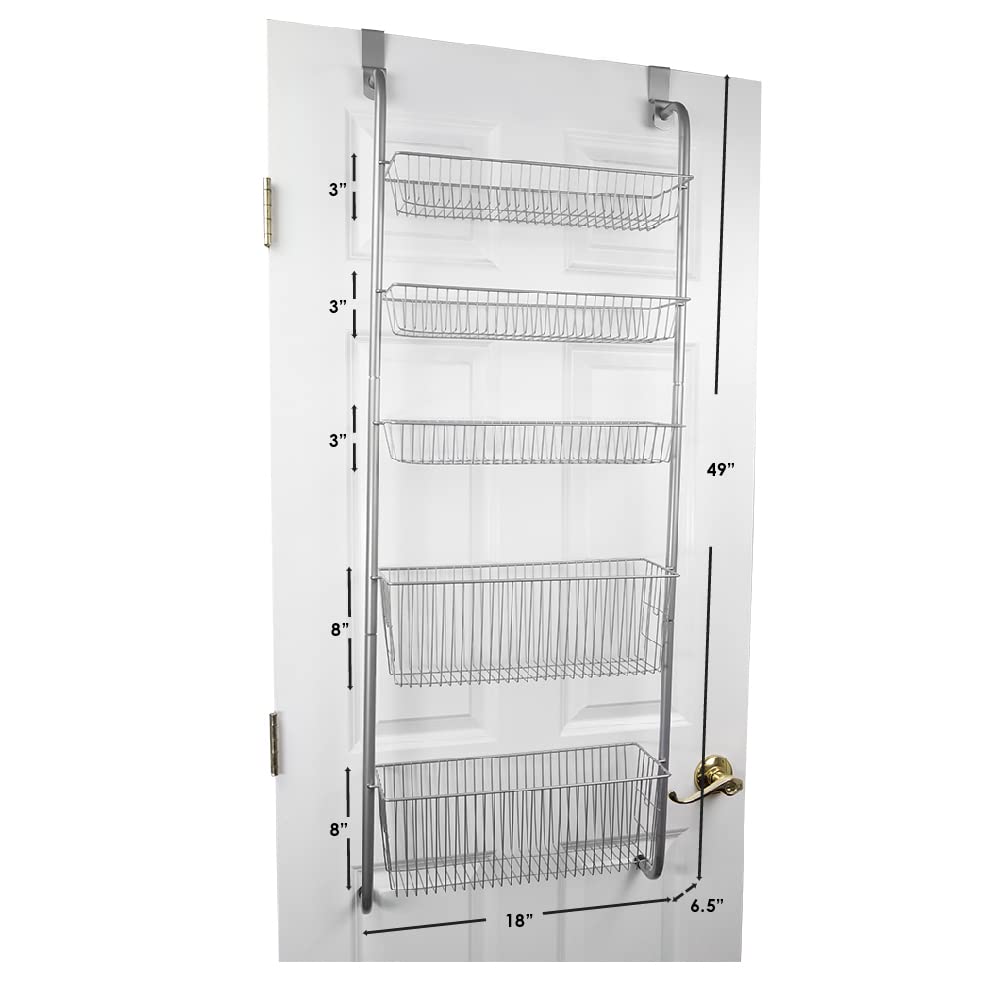 5 Tier Over The Door Pantry Organizer (Silver), By Home Basics | Metal Pantry Door Rack | Hanging Pantry Organizer For Condiments, Spices, Snacks, and Canned Goods