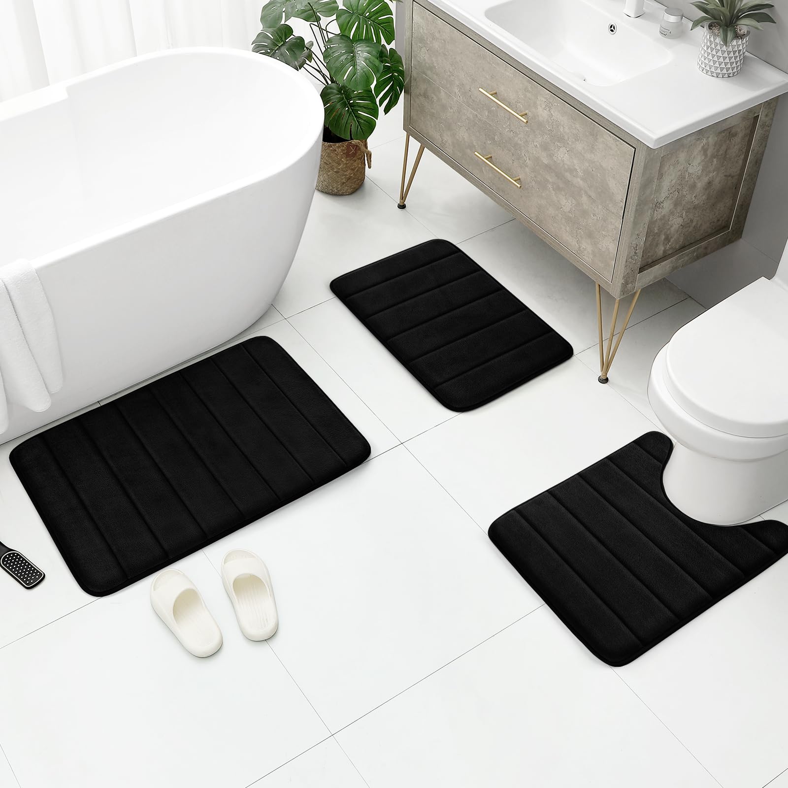 BYSURE Black Memory Foam Bathroom Rug Set 3 Piece Non Slip Extra Absorbent Shaggy Bathroom Mats and Rugs Sets, Soft & Dry Bath Mat Sets for Bathroom Washable Carpets Set