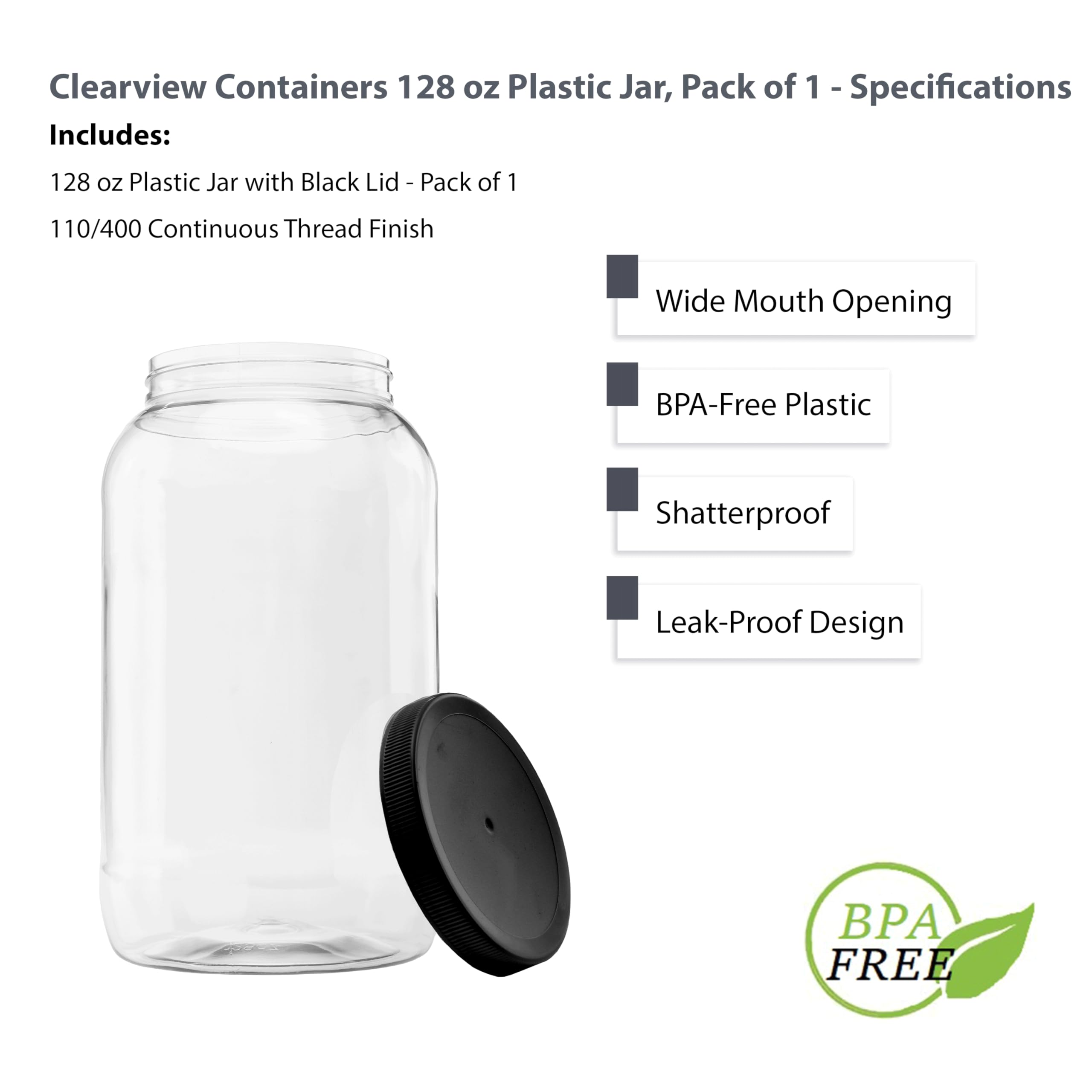 CLEARVIEW CONTAINERS | Airtight Pantry Containers for Arts & Crafts, Peanut Butter, Honey, Jams Flour, Sugar, DIY Slime, Coffee (128 Ounce Jar with Black Lid, 1 Pack)