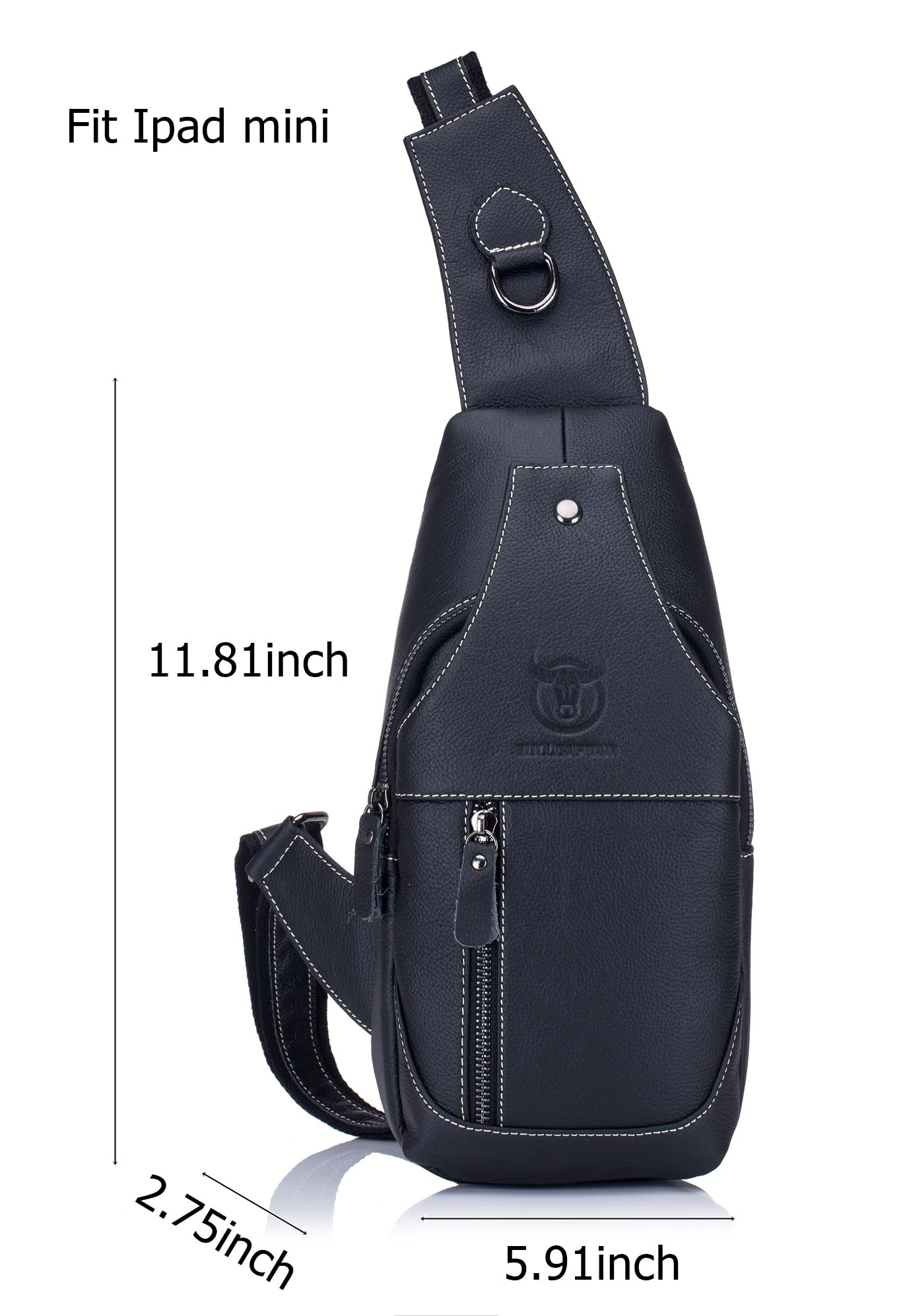 BULLCAPTAIN Men Leather Sling Chest Bag Outdoor Travel Shoulder Crossbody Bags Hiking Small Backpack (Black)