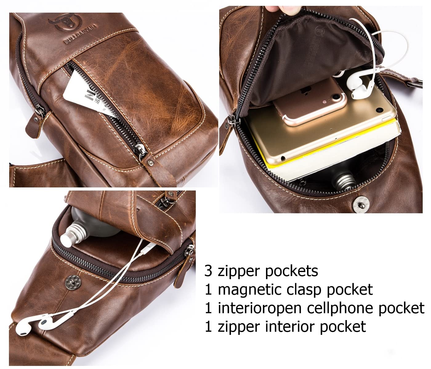 BULLCAPTAIN Men Leather Sling Chest Bag Outdoor Travel Shoulder Crossbody Bags Hiking Small Backpack (Black)
