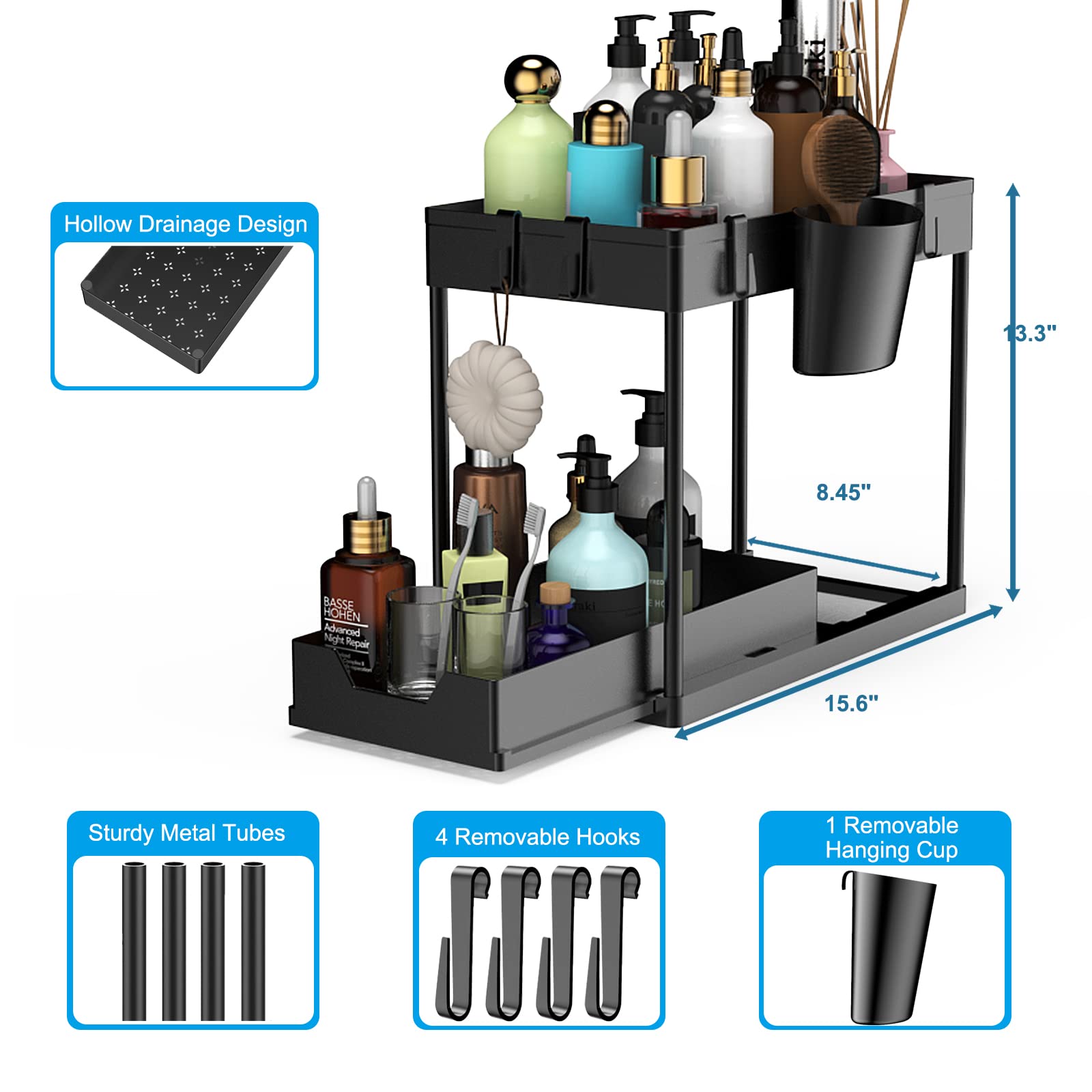 Bugdaben Under Sink Organizer - 2 Tier Sliding Under Cabinet Organizer with Dividers, Hooks and Hanging Cup, Multi-purpose Under Sink Organizers and Storage for Bathroom & Kitchen, 2 Pack