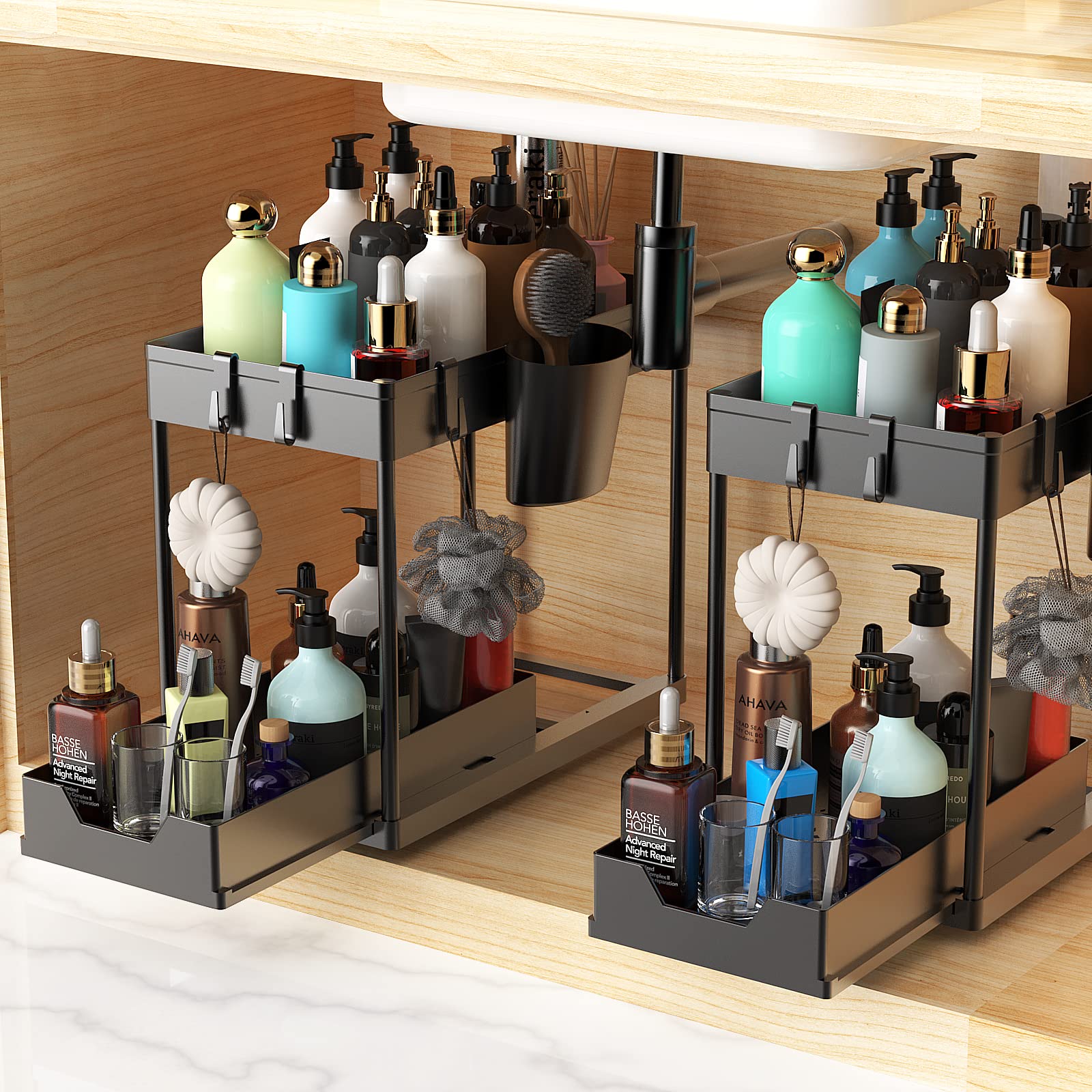 Bugdaben Under Sink Organizer - 2 Tier Sliding Under Cabinet Organizer with Dividers, Hooks and Hanging Cup, Multi-purpose Under Sink Organizers and Storage for Bathroom & Kitchen, 2 Pack