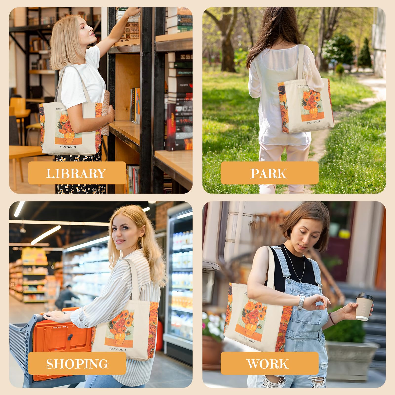 BROADREAM Canvas Tote Bag Aesthetic - Zippered Tote Bag with Interior Pocket by Shoulder Tote Bags for Women Shopping,School