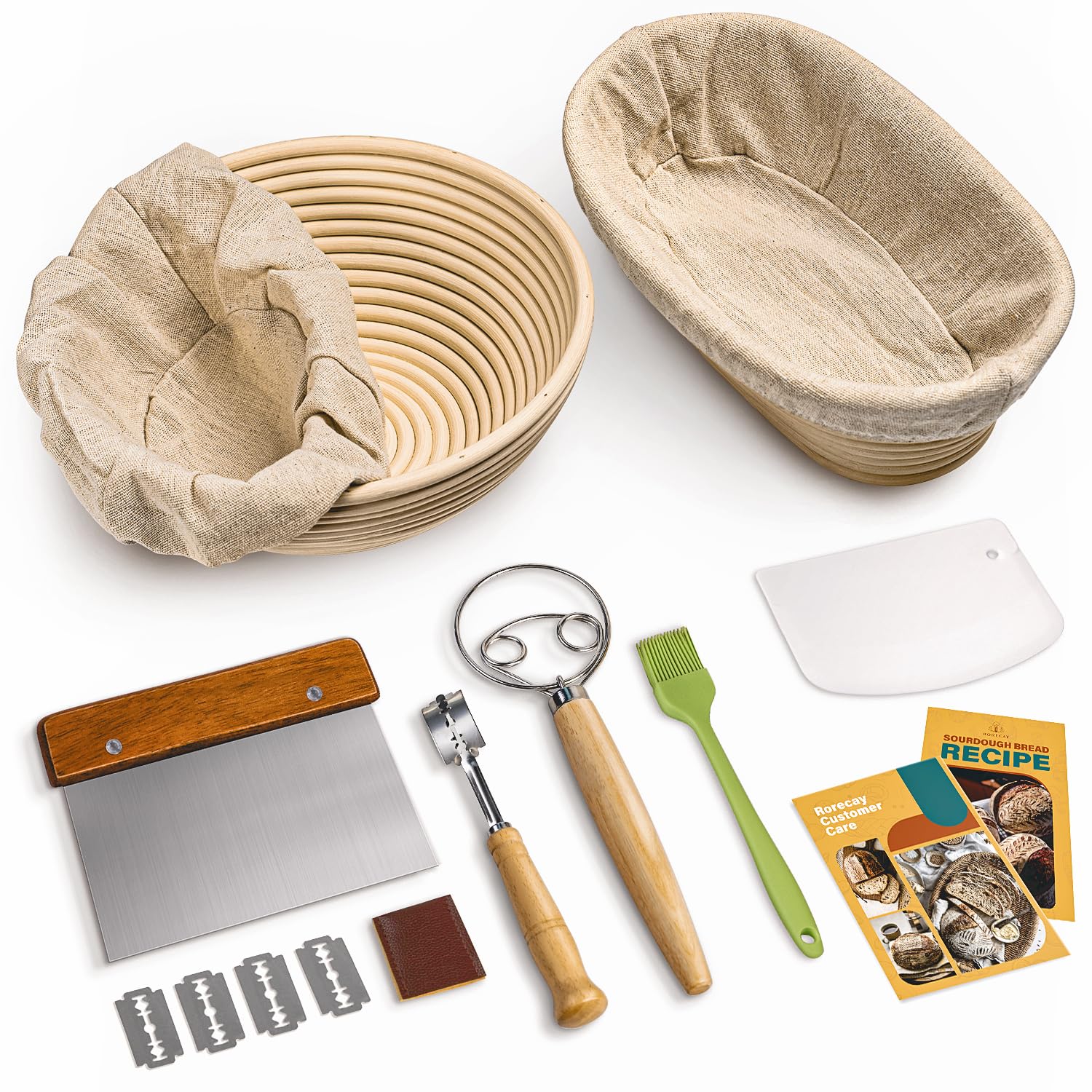 RORECAY Bread Banneton Proofing Basket Set of 2, 9 Inch Round & 10 Inch Oval Cane Sourdough Baskets with Bread Lame + Dough Scraper + Linen Liner + Basting Brush for Bread Making Baking Fermentation