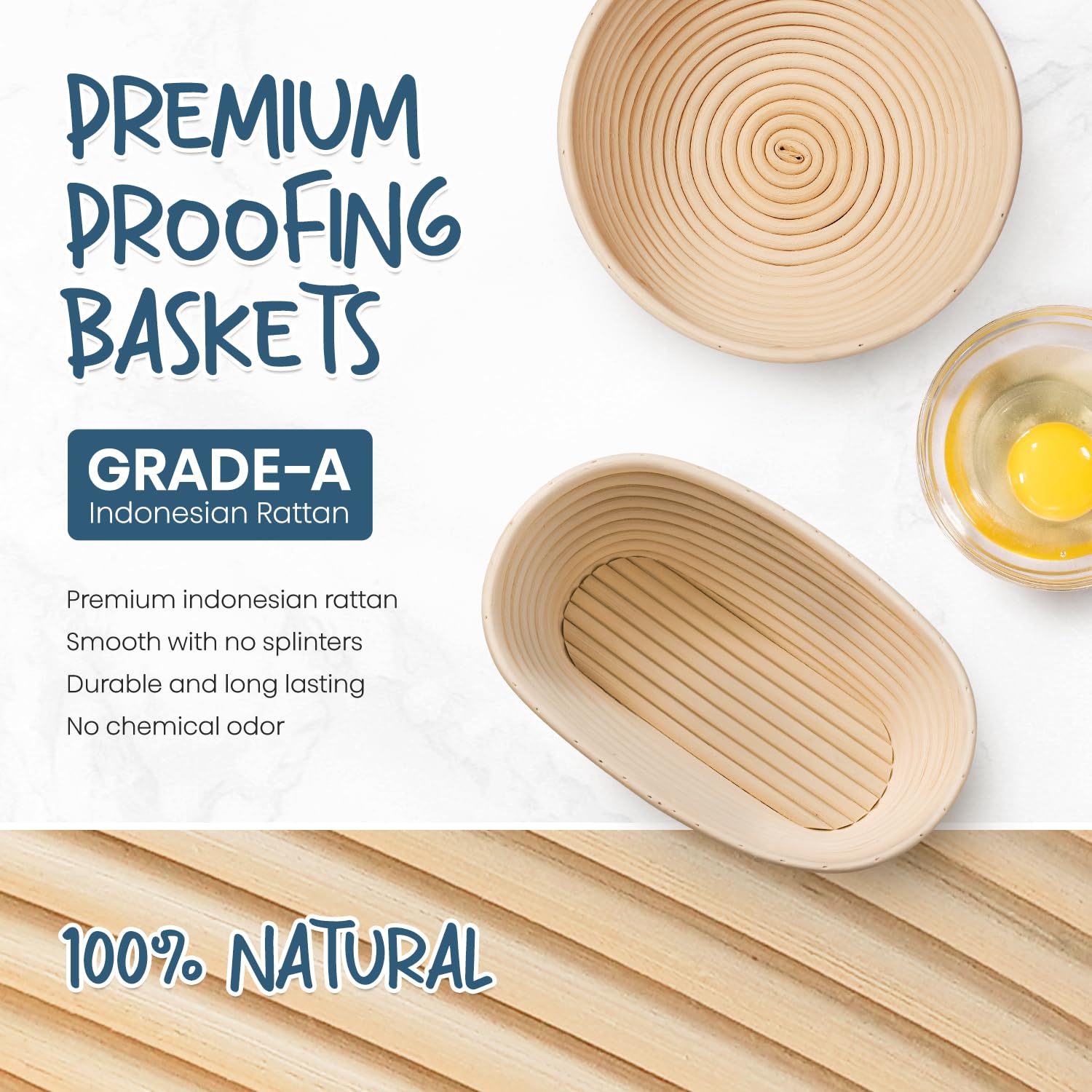 RORECAY Bread Banneton Proofing Basket Set of 2, 9 Inch Round & 10 Inch Oval Cane Sourdough Baskets with Bread Lame + Dough Scraper + Linen Liner + Basting Brush for Bread Making Baking Fermentation