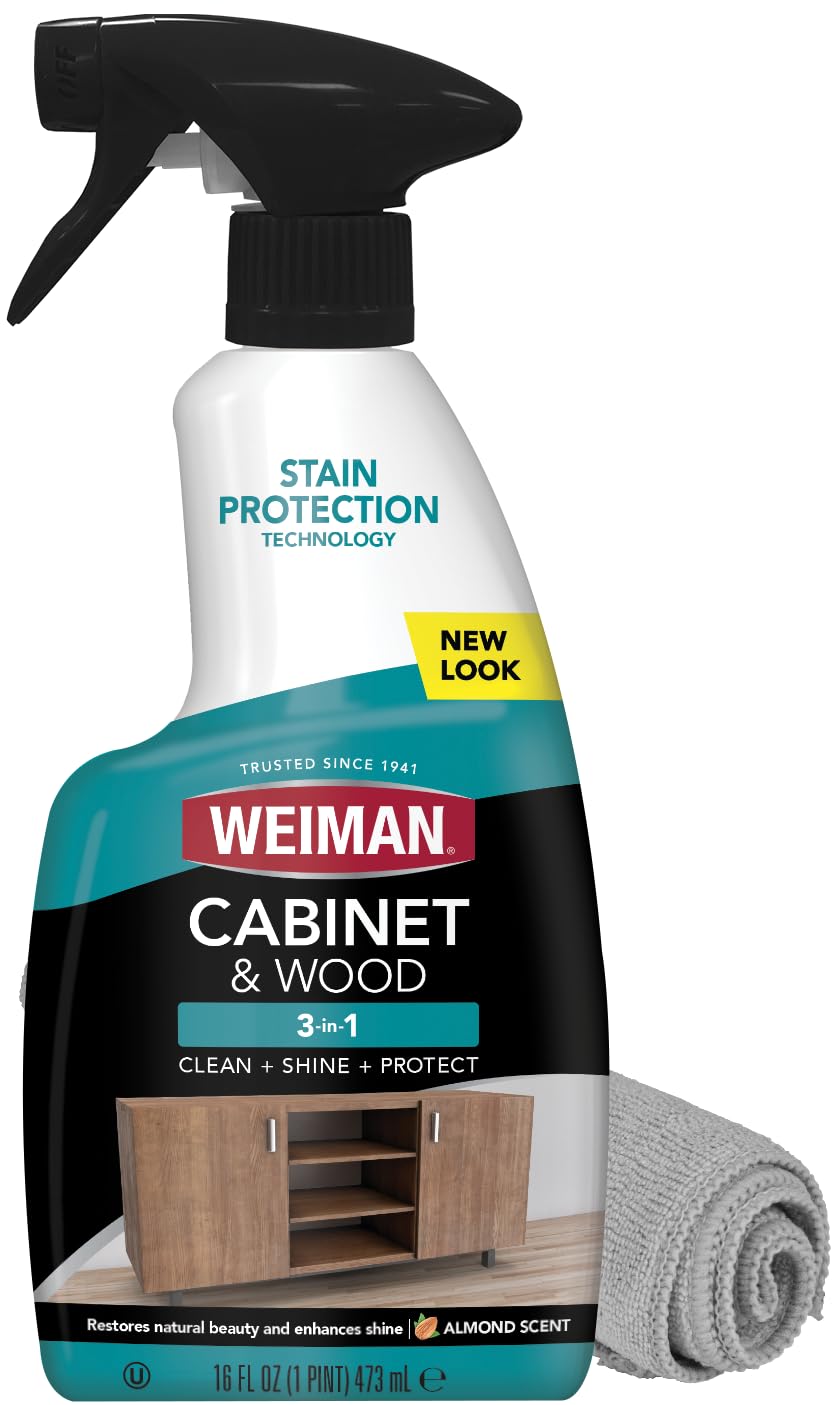 Weiman Cabinet & Wood Clean & Shine Spray - Furniture, Kitchen Cabinets, Baseboard & Trim, Fresh Almond Scent - Microfiber Cloth Included