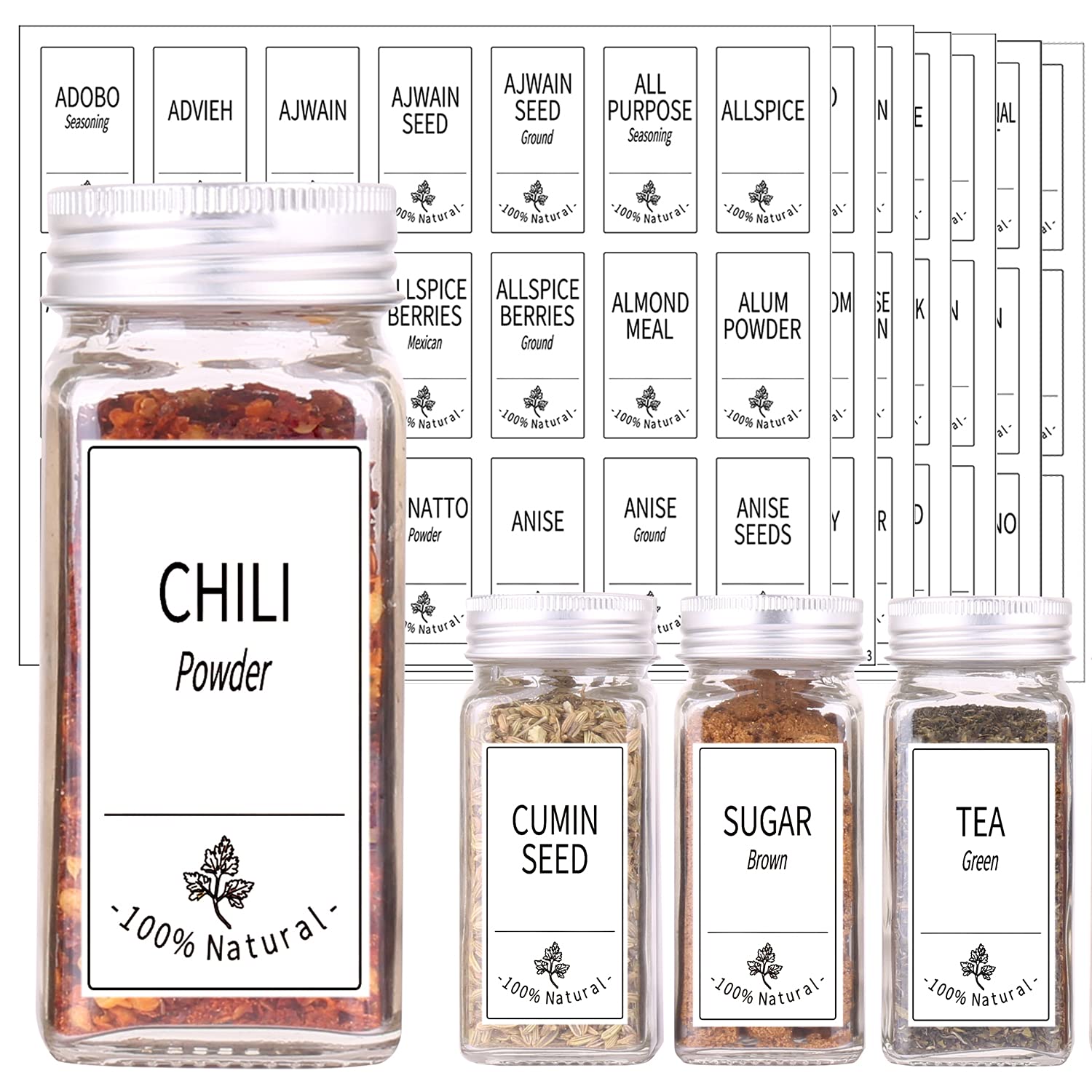 SWOMMOLY 36 Glass Spice Jars with 806 White Spice Labels, Chalk Marker and Funnel Complete Set. Square Bottles 4 oz Empty Spice Containers, Airtight Cap, Pour/sift Shaker Lid