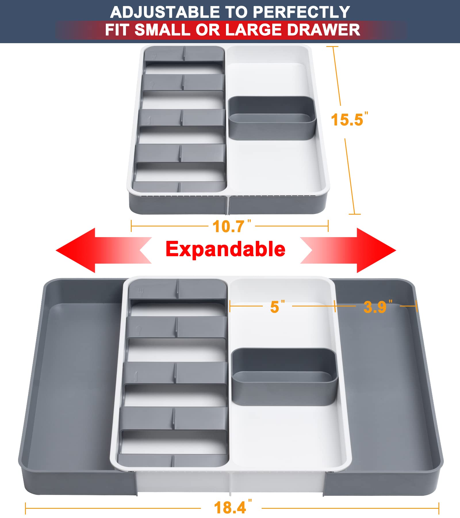 Kitchen Drawer Organizer, Silverware Organizer Utensil Organizer, Large Expandable Cutlery Organizer in Drawer, Adjustable Plastic Flatware Spoon Fork Storage Tray for Kitchen Gadgets Office Supplies