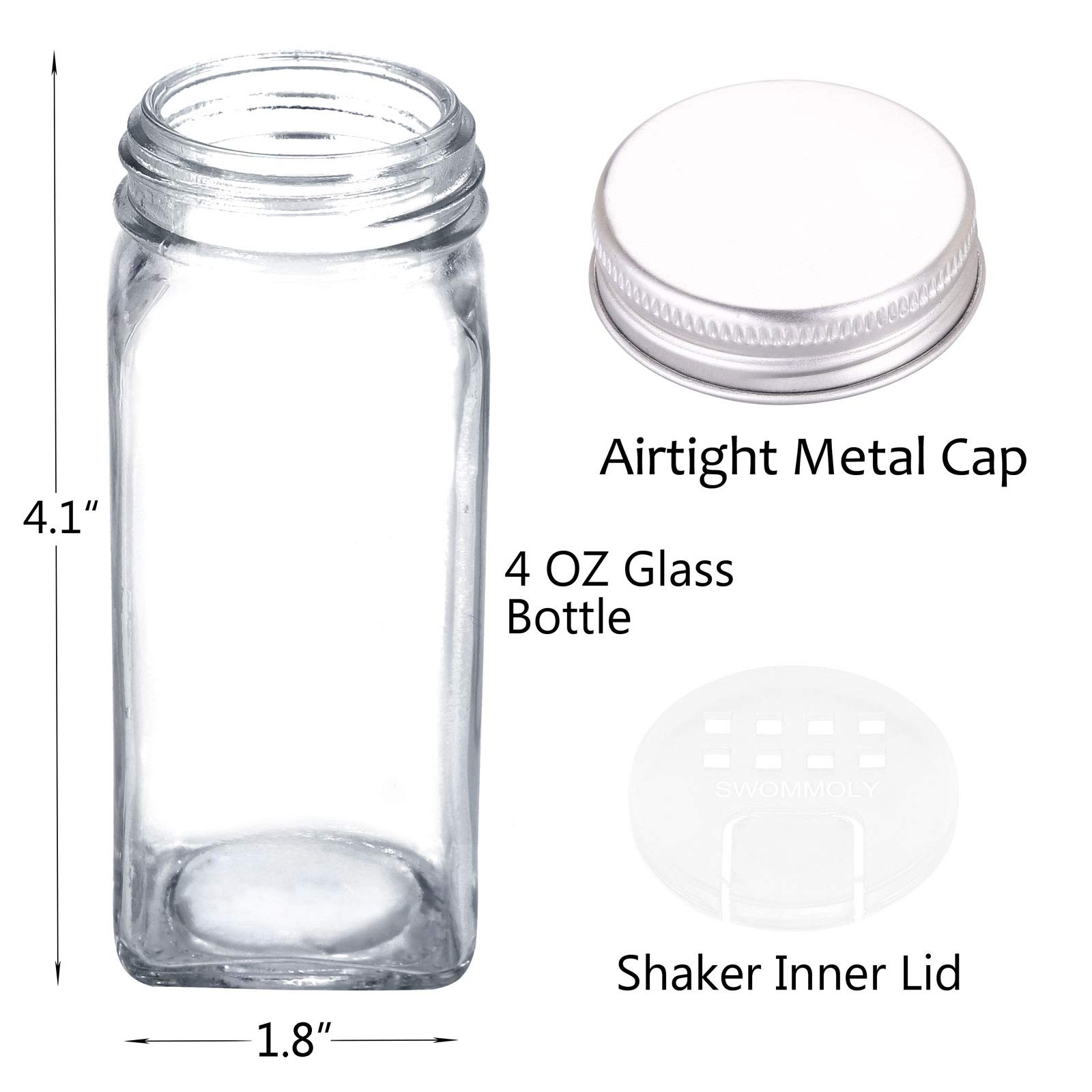 SWOMMOLY 36 Glass Spice Jars with 806 White Spice Labels, Chalk Marker and Funnel Complete Set. Square Bottles 4 oz Empty Spice Containers, Airtight Cap, Pour/sift Shaker Lid