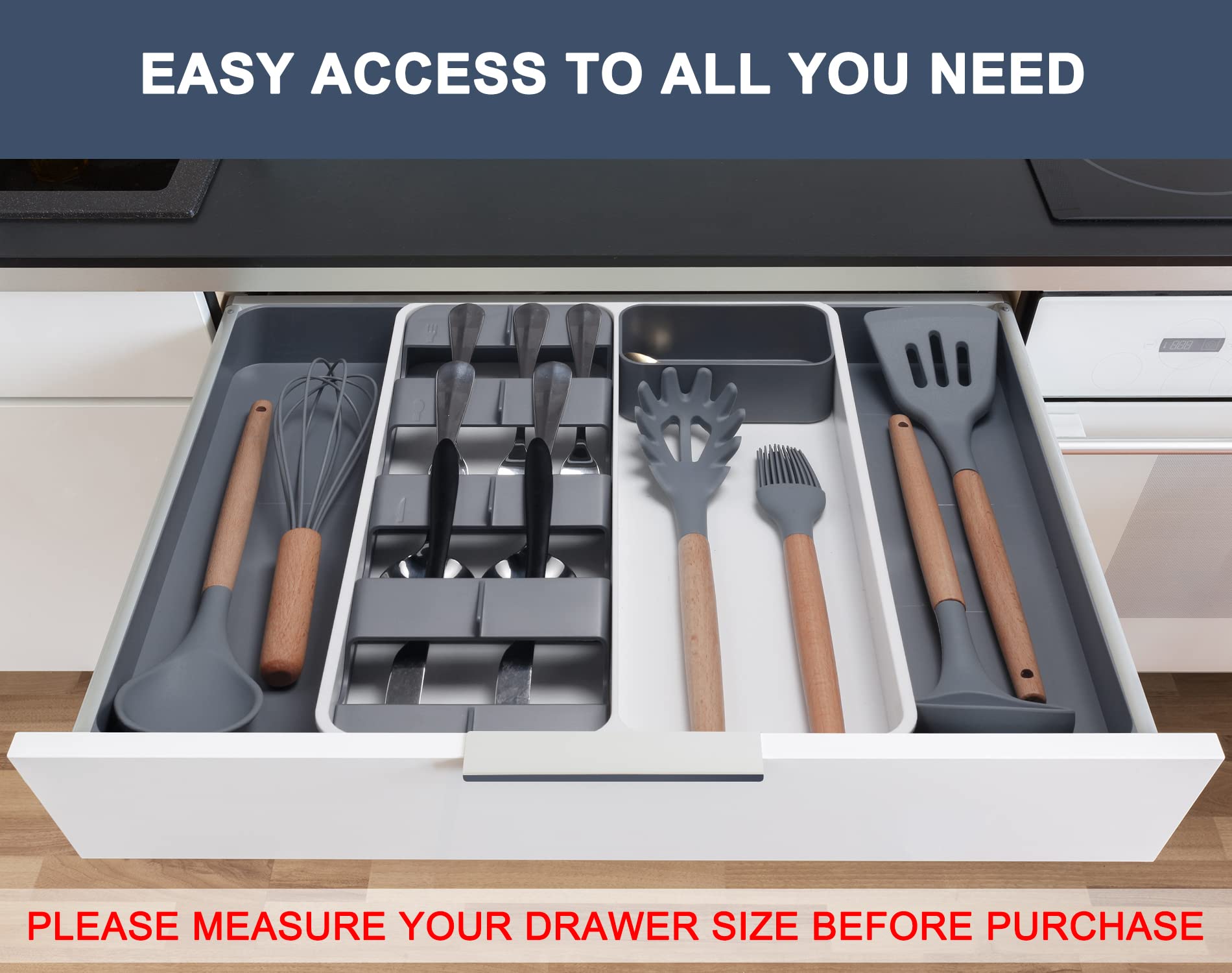 Kitchen Drawer Organizer, Silverware Organizer Utensil Organizer, Large Expandable Cutlery Organizer in Drawer, Adjustable Plastic Flatware Spoon Fork Storage Tray for Kitchen Gadgets Office Supplies