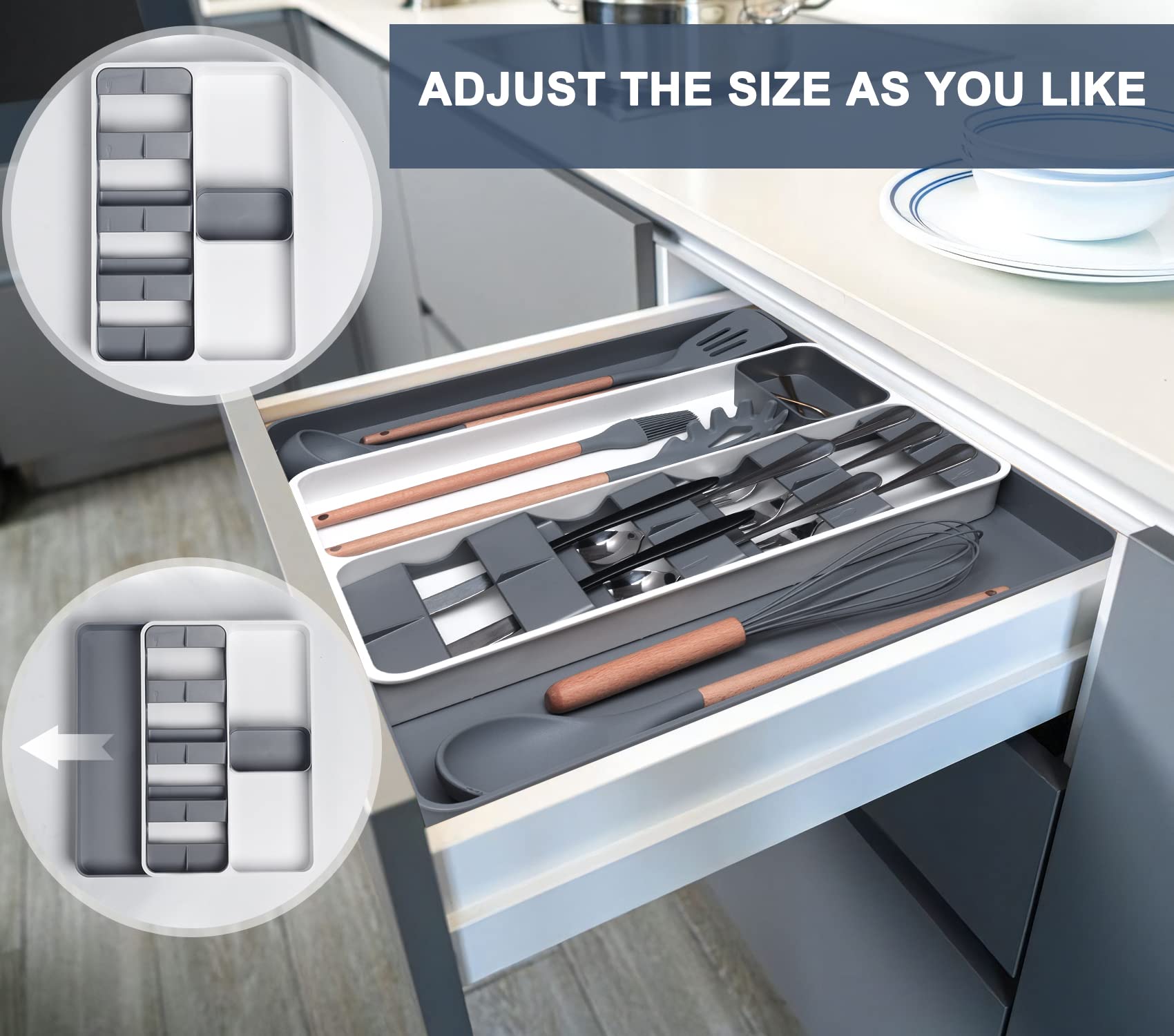 Kitchen Drawer Organizer, Silverware Organizer Utensil Organizer, Large Expandable Cutlery Organizer in Drawer, Adjustable Plastic Flatware Spoon Fork Storage Tray for Kitchen Gadgets Office Supplies