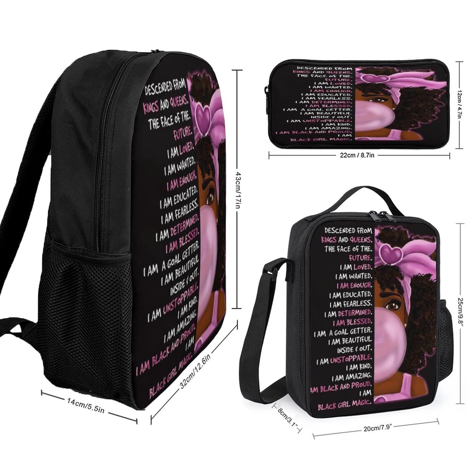 JYSDZSE African Girls Cute Backpacks - 17 Inch Set School Bag/Crossbody/Pen Bag Three-Piece Backpack for Men and Women