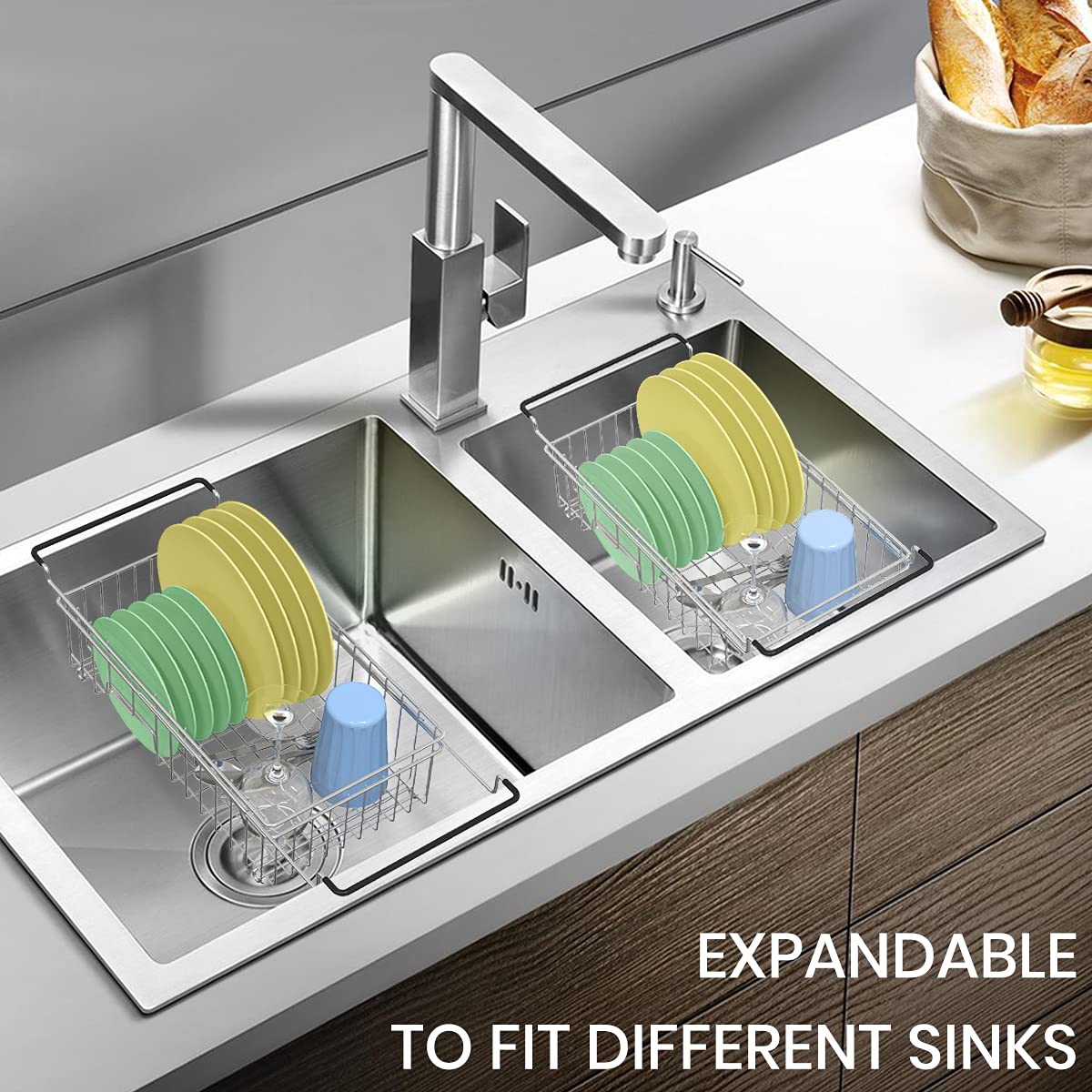 TreeLen Expandable Dish Drying Rack Over The Sink Small Dish Drainer in Sink Adjustable Rustproof Sink Strainers for Kitchen-304 Stainless Steel