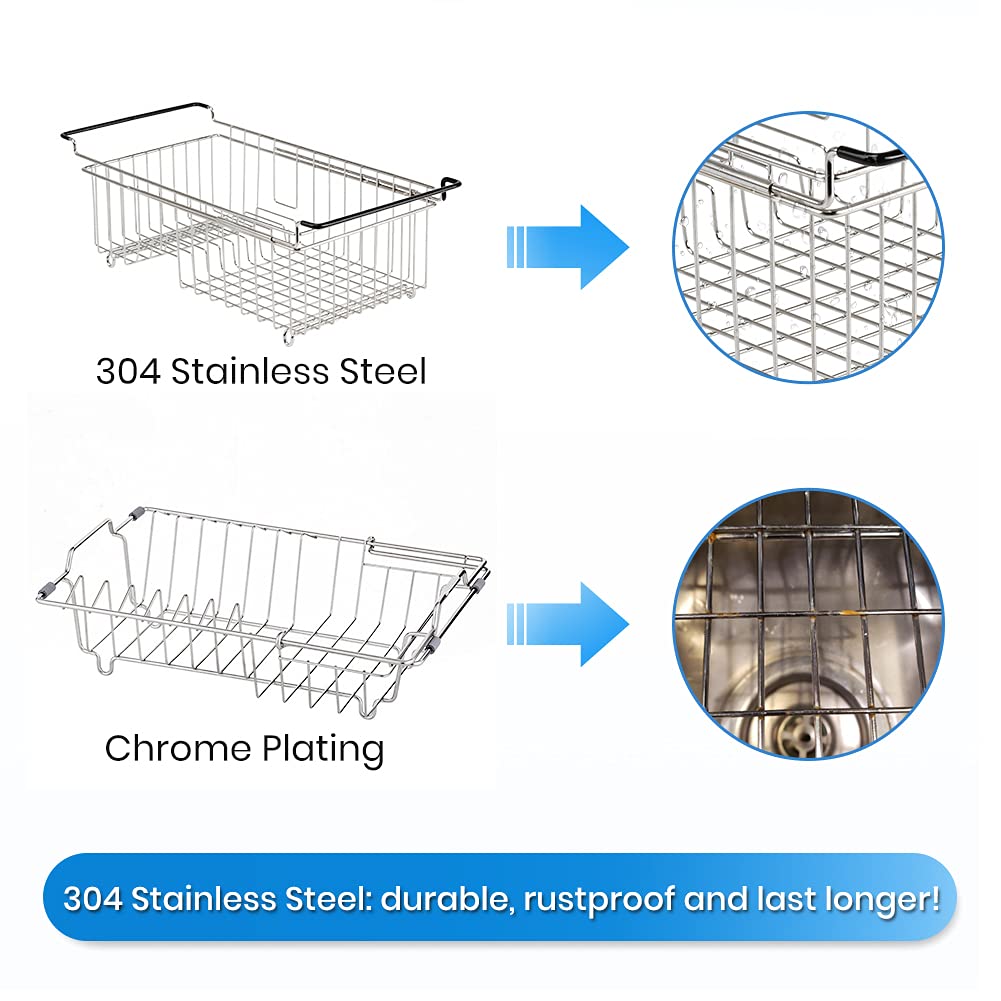 TreeLen Expandable Dish Drying Rack Over The Sink Small Dish Drainer in Sink Adjustable Rustproof Sink Strainers for Kitchen-304 Stainless Steel