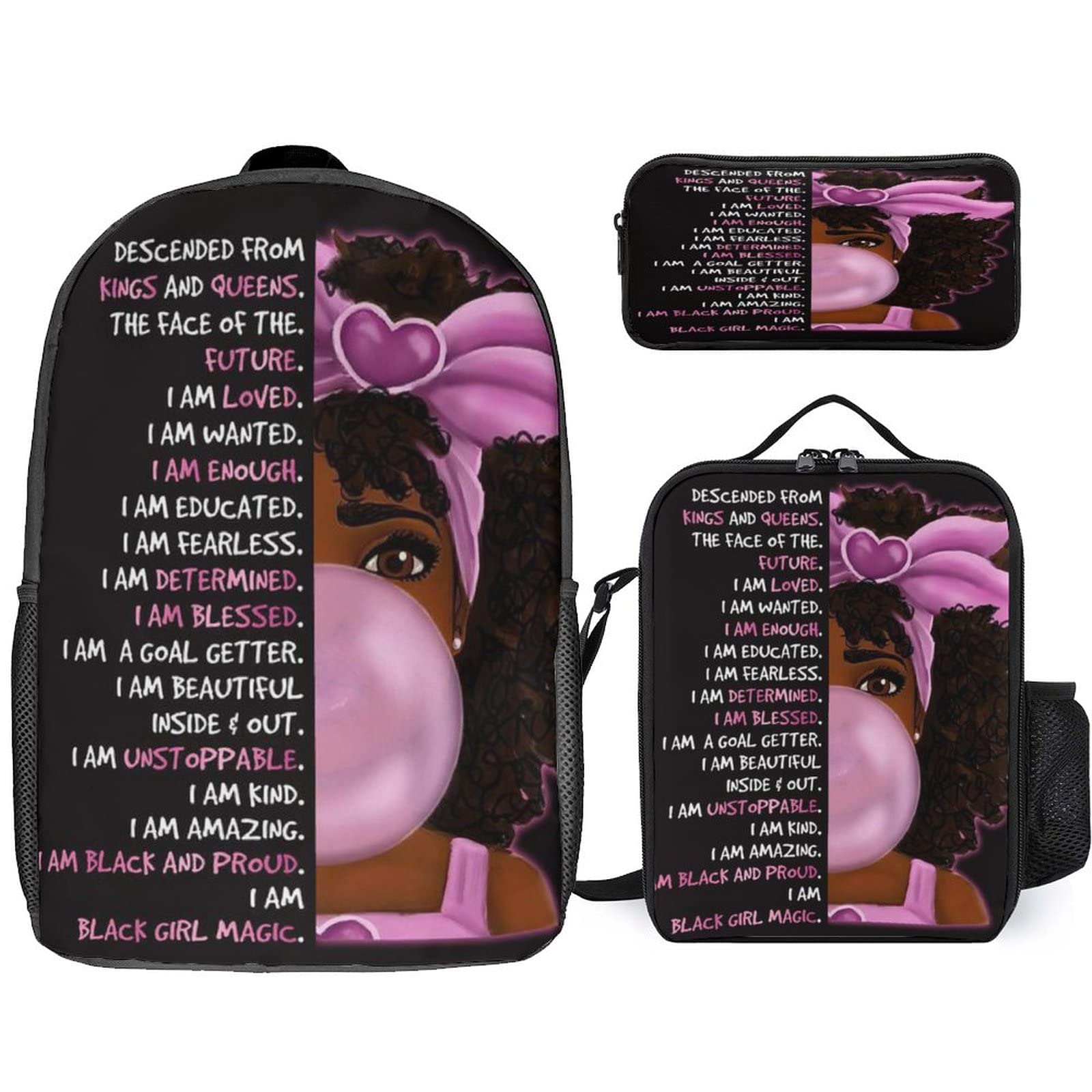 JYSDZSE African Girls Cute Backpacks - 17 Inch Set School Bag/Crossbody/Pen Bag Three-Piece Backpack for Men and Women