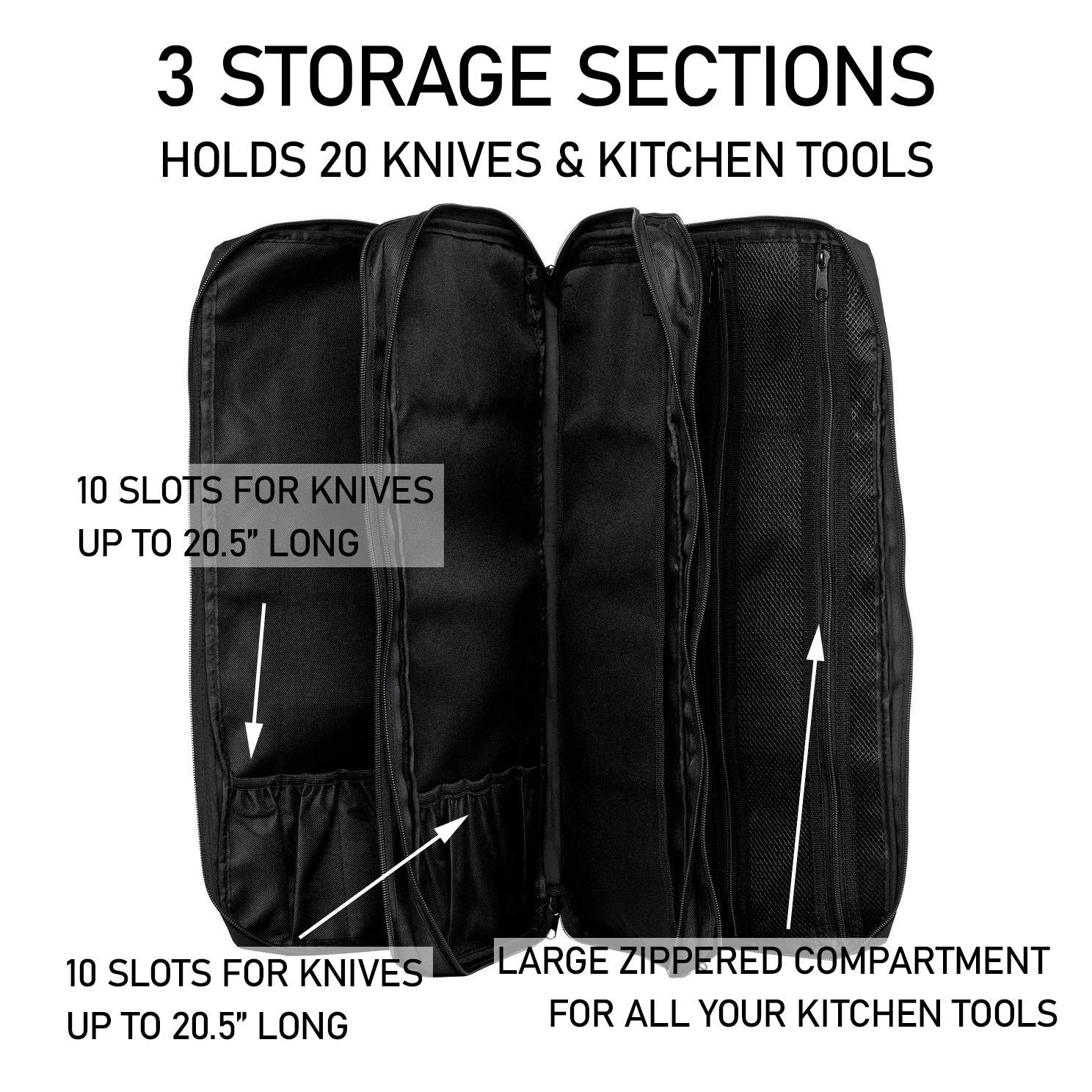 EVERPRIDE Chef Knife Bag PLUS Knife Guard Set (10-Piece Set) β Knife Carrying Bag Holds 20 Knives PLUS Kitchen Tools β Felt-Lined and BPA Free Knife Sheath Set β Knives Not Included