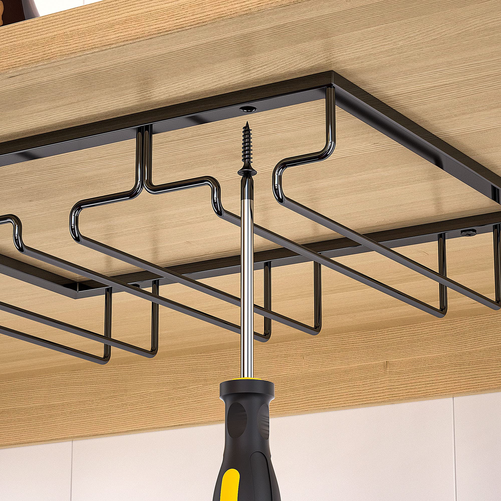 LACAFA Wine Glass Holder Under Cabinet Stemware Rack in Home Bar Kitchen Organization with 3 Rows Wine Glass Rack Hanger Storage Metal Organizer for Under Shelf Hanging (Black)