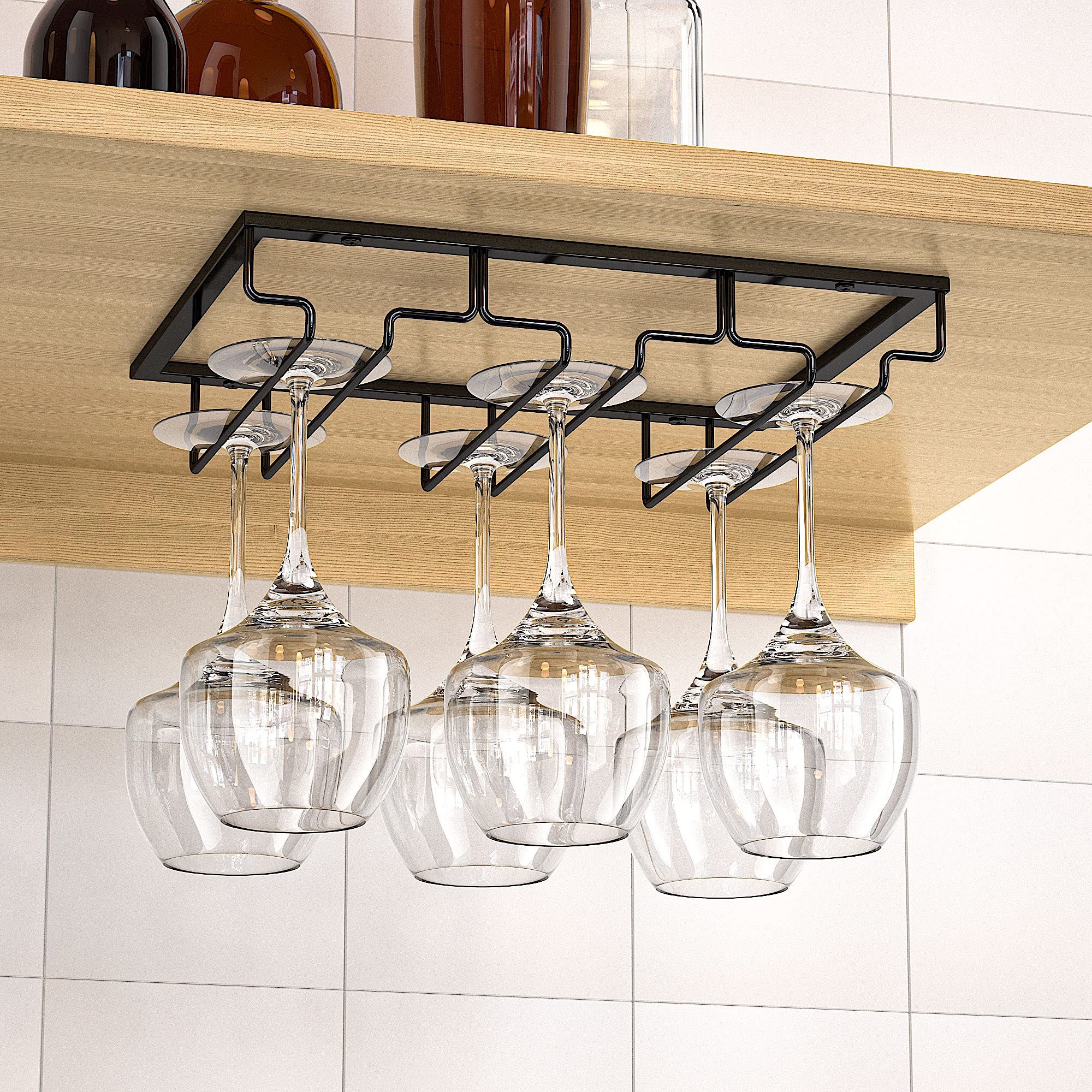 LACAFA Wine Glass Holder Under Cabinet Stemware Rack in Home Bar Kitchen Organization with 3 Rows Wine Glass Rack Hanger Storage Metal Organizer for Under Shelf Hanging (Black)