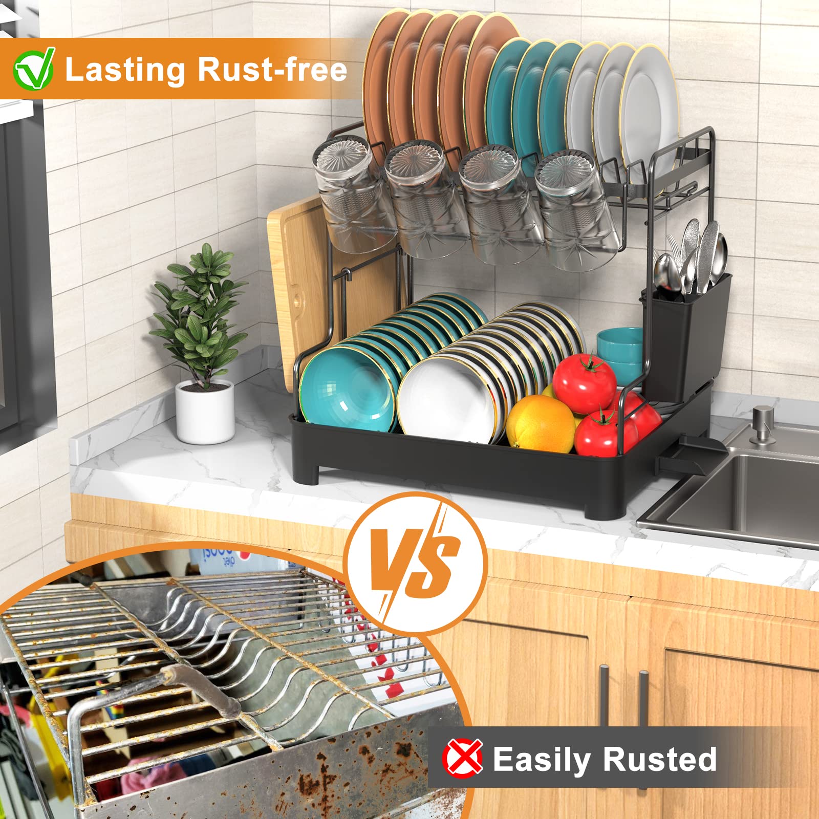 Stofiro Dish Drying Rack with Drainboard, 2 Tier Drying Rack for Kitchen Counter, Rustproof Multipurpose Dish Rack with Cutting Board Holder, Drainage, Utensil Holder, Cup Holder, Dryer Mat