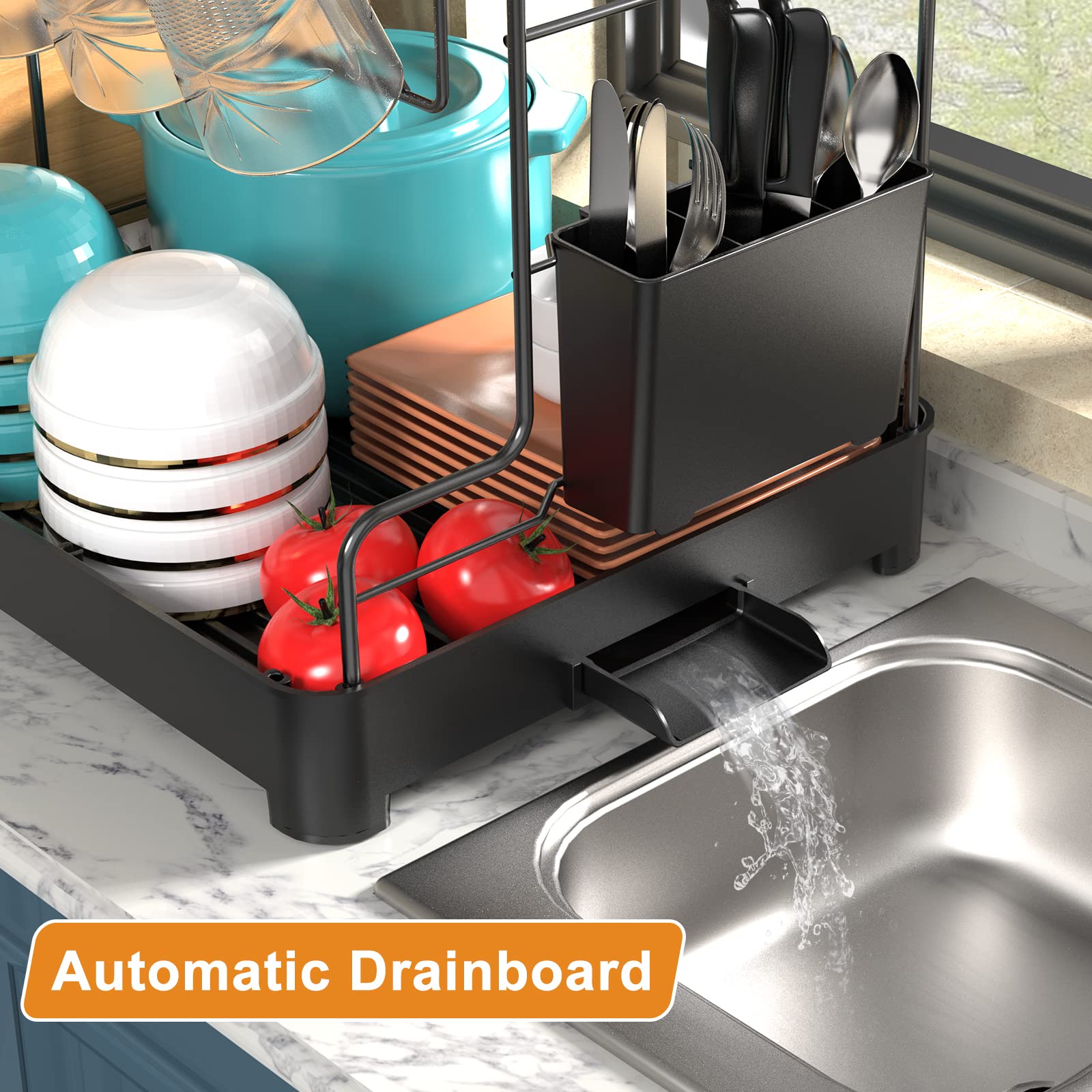 Stofiro Dish Drying Rack with Drainboard, 2 Tier Drying Rack for Kitchen Counter, Rustproof Multipurpose Dish Rack with Cutting Board Holder, Drainage, Utensil Holder, Cup Holder, Dryer Mat