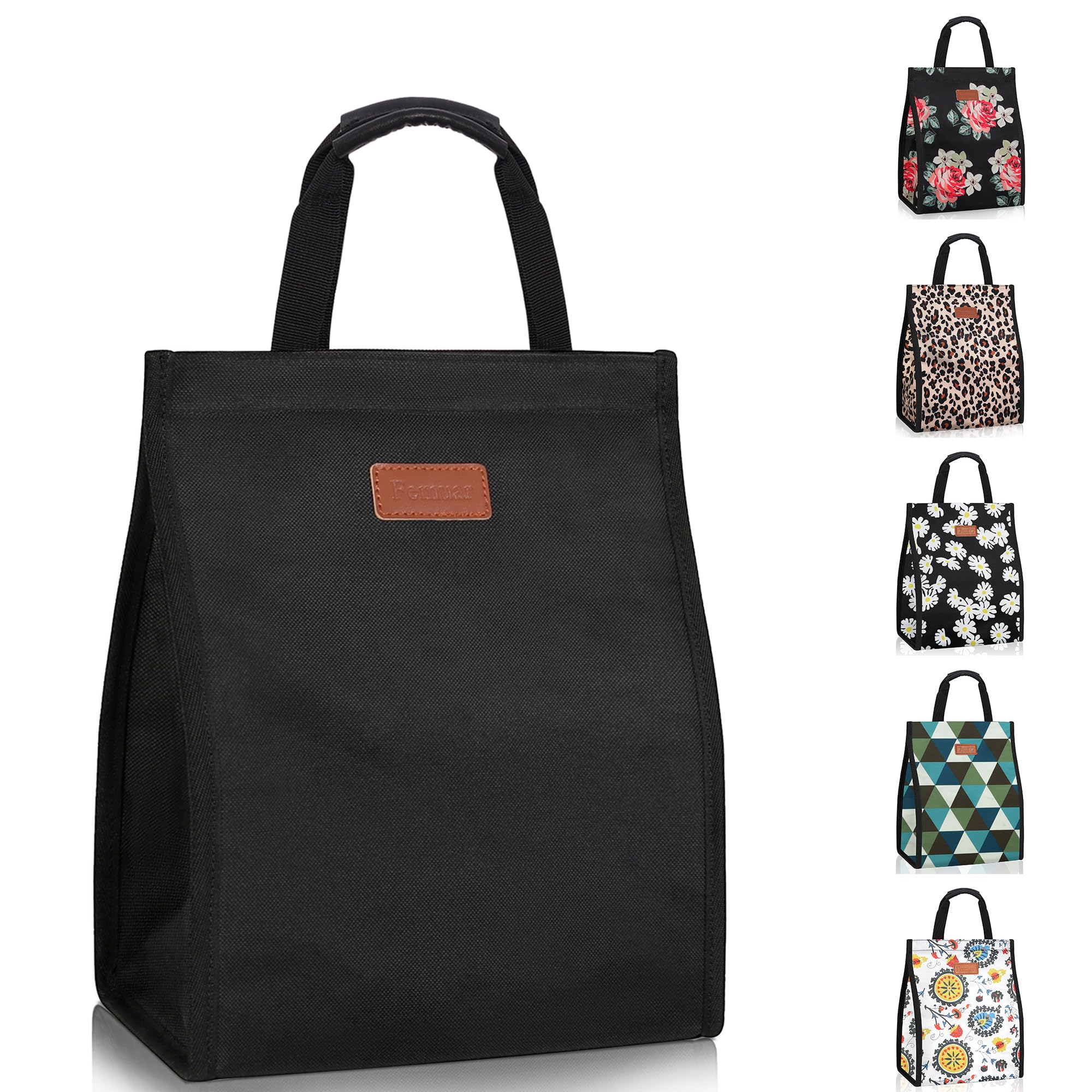 Femuar Lunch Bags for Women,Waterproof Reusable Lunch Tote with Internal Pocket，Black Lunch bag for Work/School/Travel/Picnic