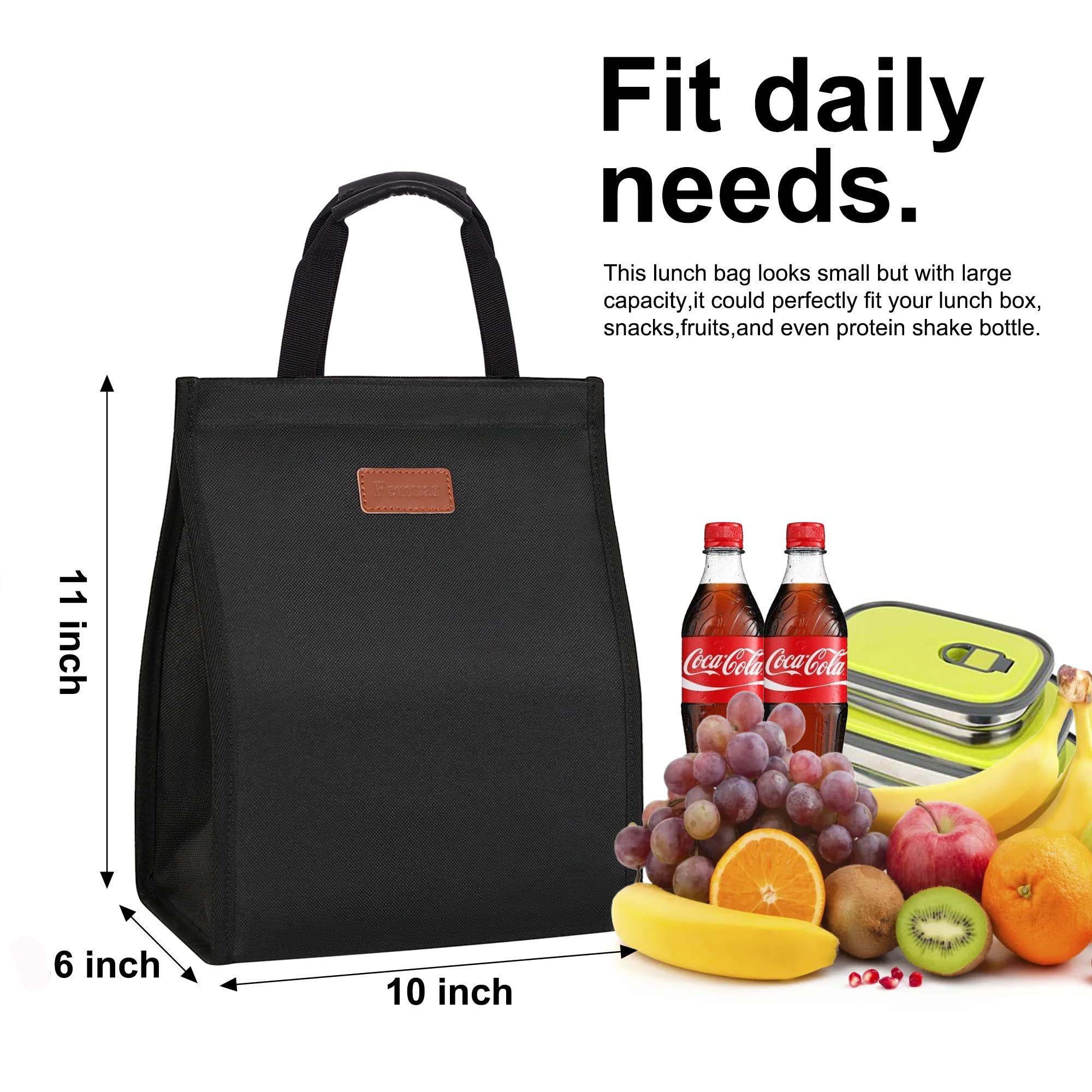 Femuar Lunch Bags for Women,Waterproof Reusable Lunch Tote with Internal Pocket,Black Lunch bag for Work/School/Travel/Picnic