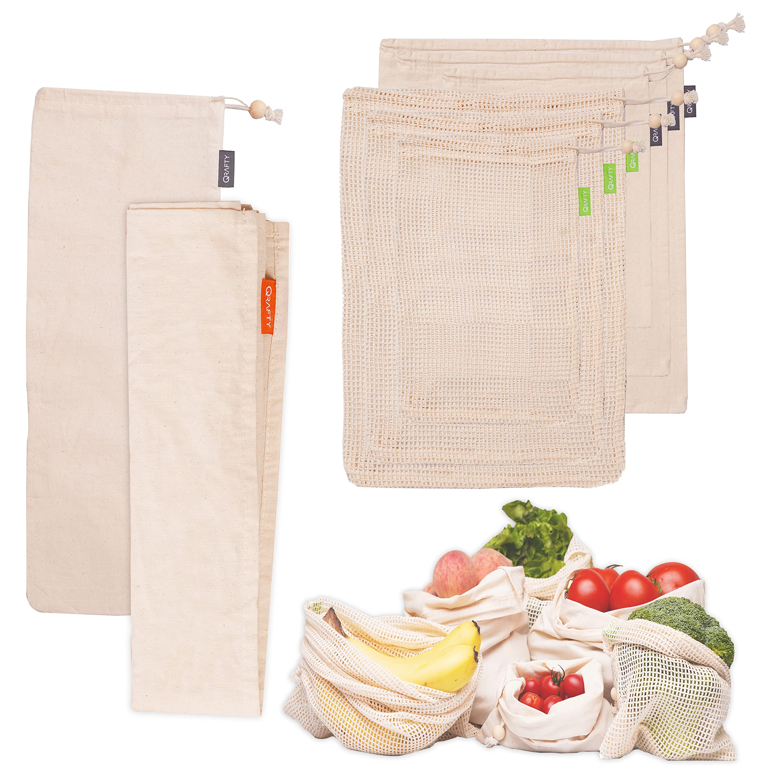 QRAFTY | Organic Cotton Produce Bags | Pack of 7 + 1 | Compact, Biodegradable, Food Safe Mesh & Muslin Bag Set | Reusable and Washable | Ultra Strong, Drawstring Bags for Grocery Shopping