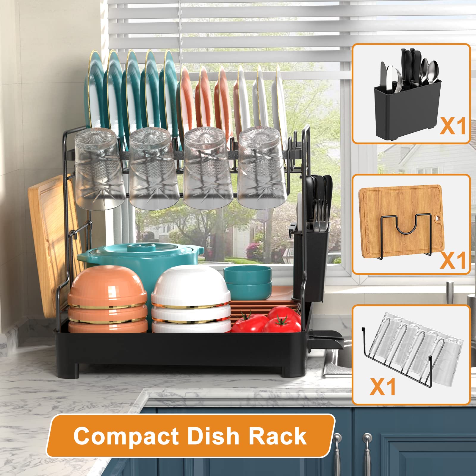 Stofiro Dish Drying Rack with Drainboard, 2 Tier Drying Rack for Kitchen Counter, Rustproof Multipurpose Dish Rack with Cutting Board Holder, Drainage, Utensil Holder, Cup Holder, Dryer Mat