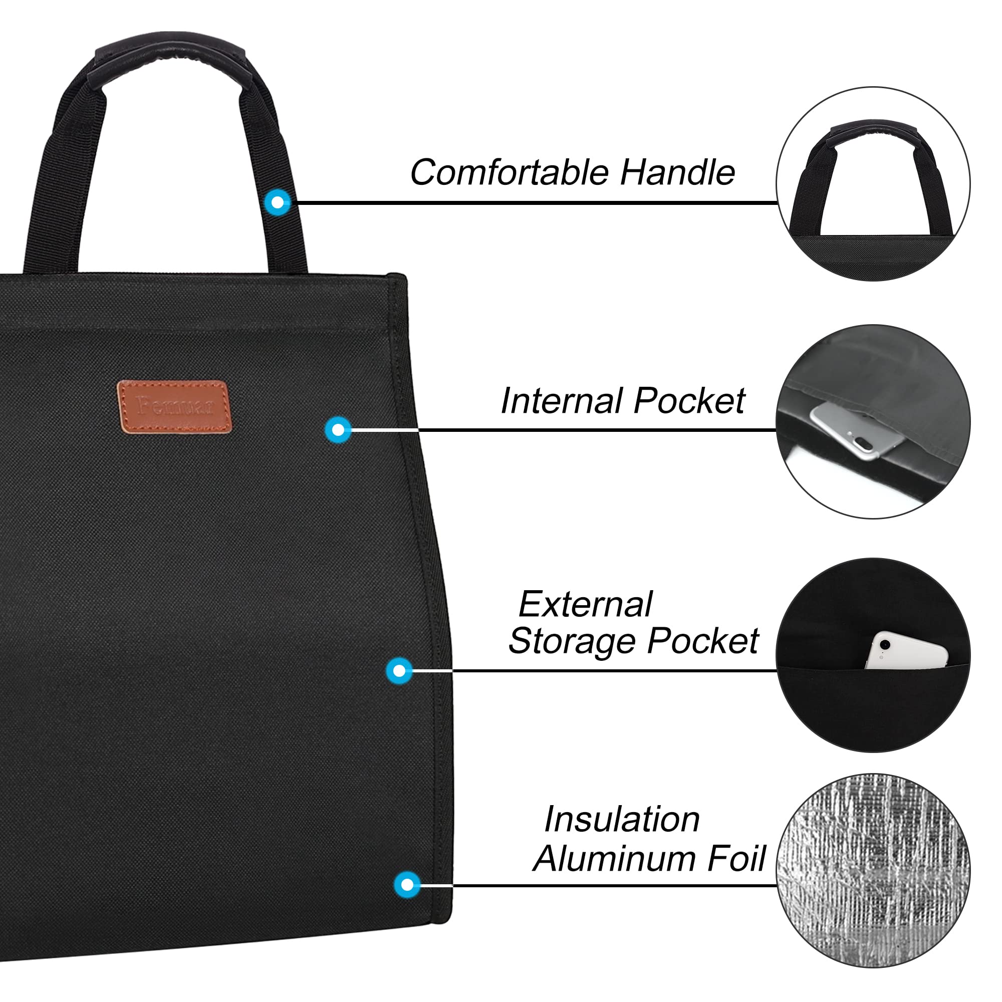 Femuar Lunch Bags for Women,Waterproof Reusable Lunch Tote with Internal Pocket,Black Lunch bag for Work/School/Travel/Picnic