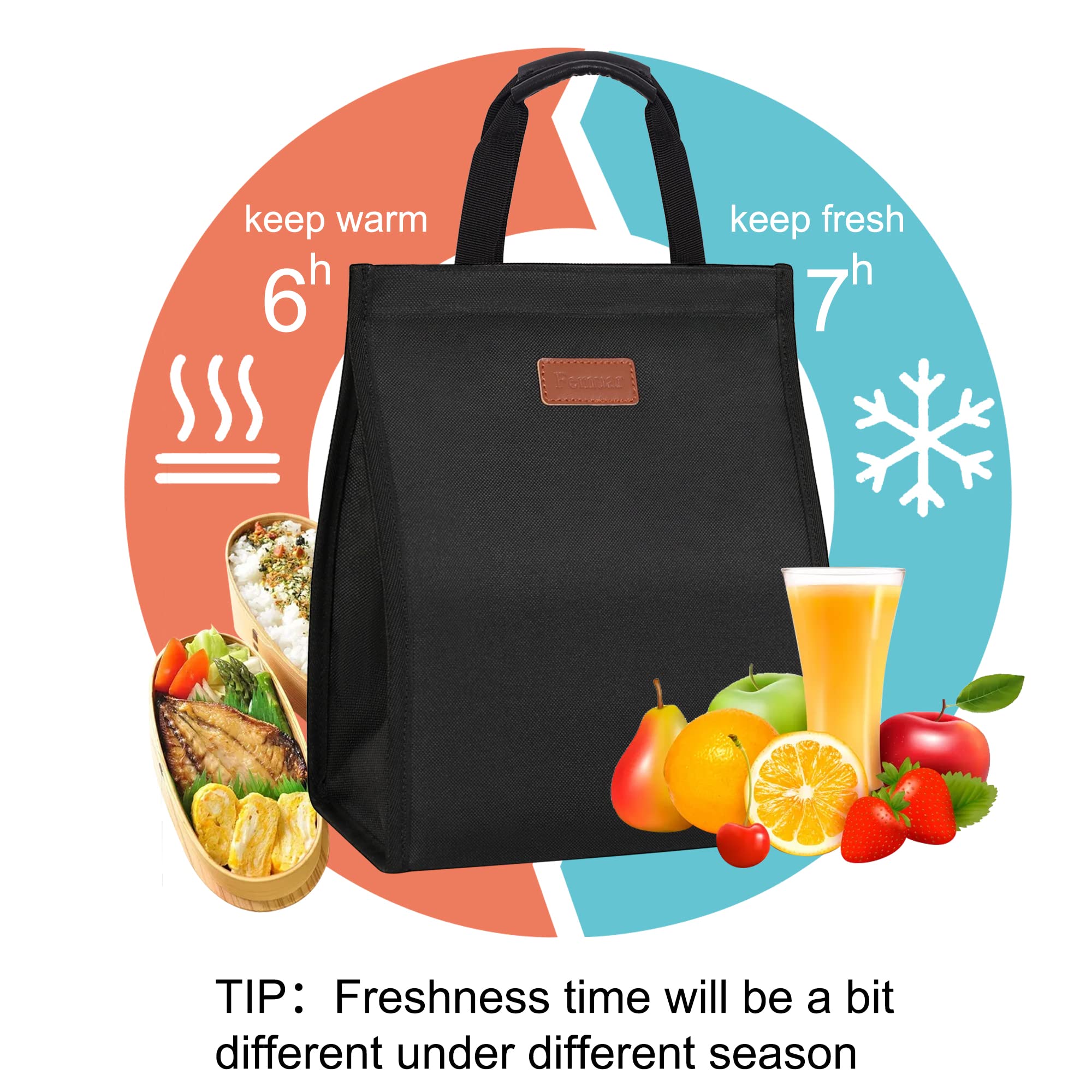 Femuar Lunch Bags for Women,Waterproof Reusable Lunch Tote with Internal Pocket,Black Lunch bag for Work/School/Travel/Picnic