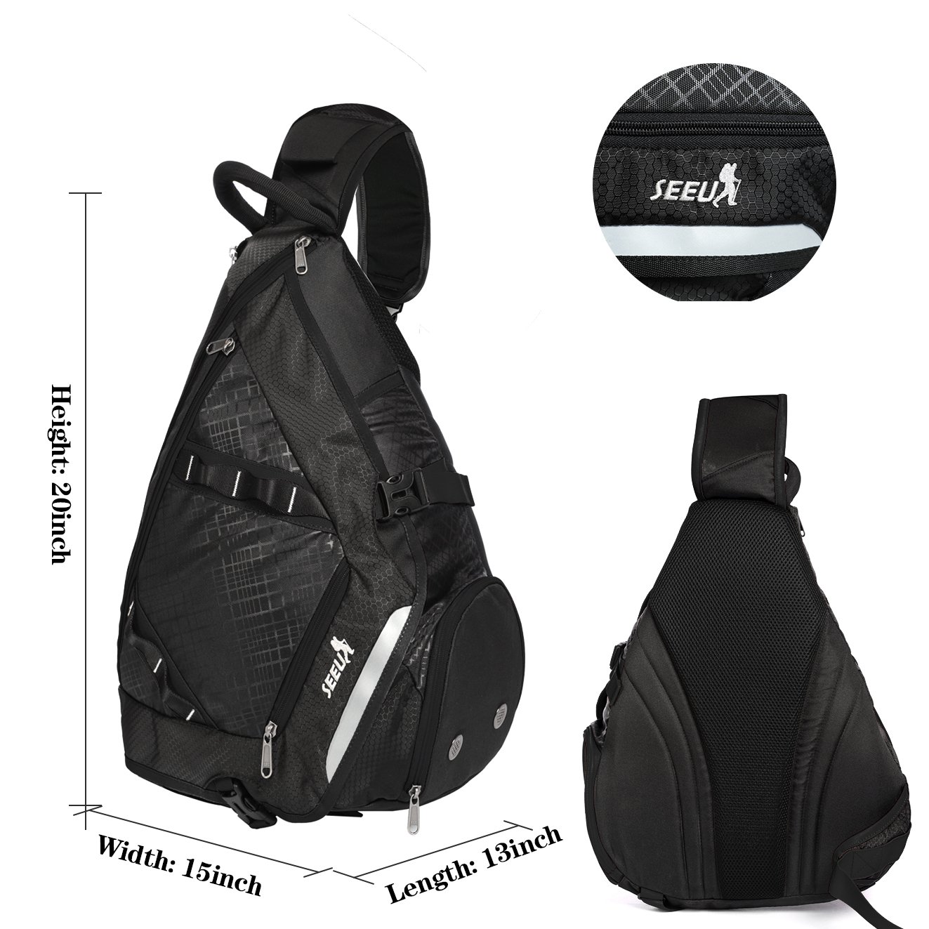 SEEU Large Sling Bag Backpack with Shoe Pocket, 32L Multi-Pocket Gym Bag (Black)