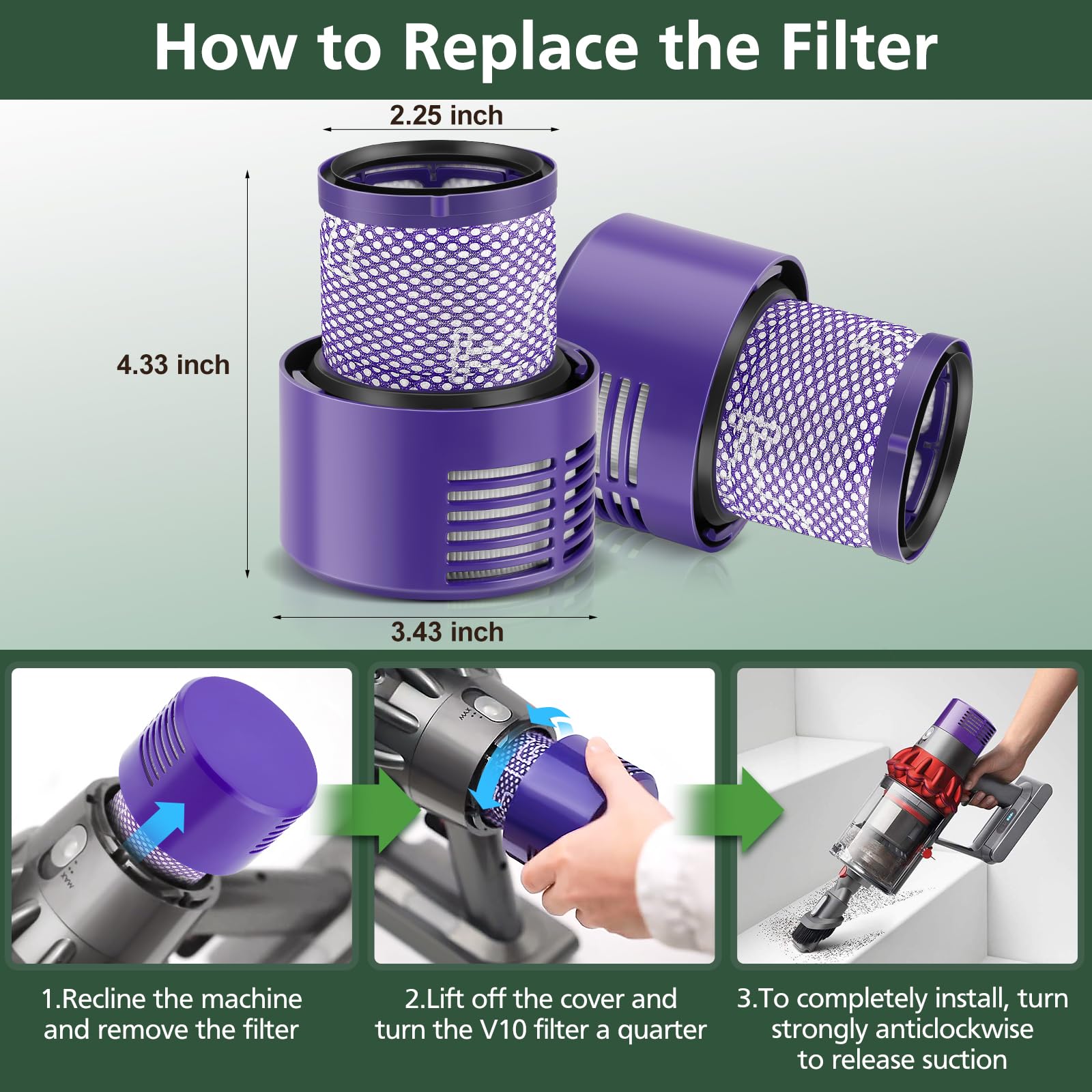 2 Pack V10 Filters Replacement for Dyson Cyclone Series, Cyclone V10 Absolute, Cyclone V10 Animal, Cyclone V10 Motorhead, Cyclone V10 Total Clean, SV12, Replaces Part # 969082-01