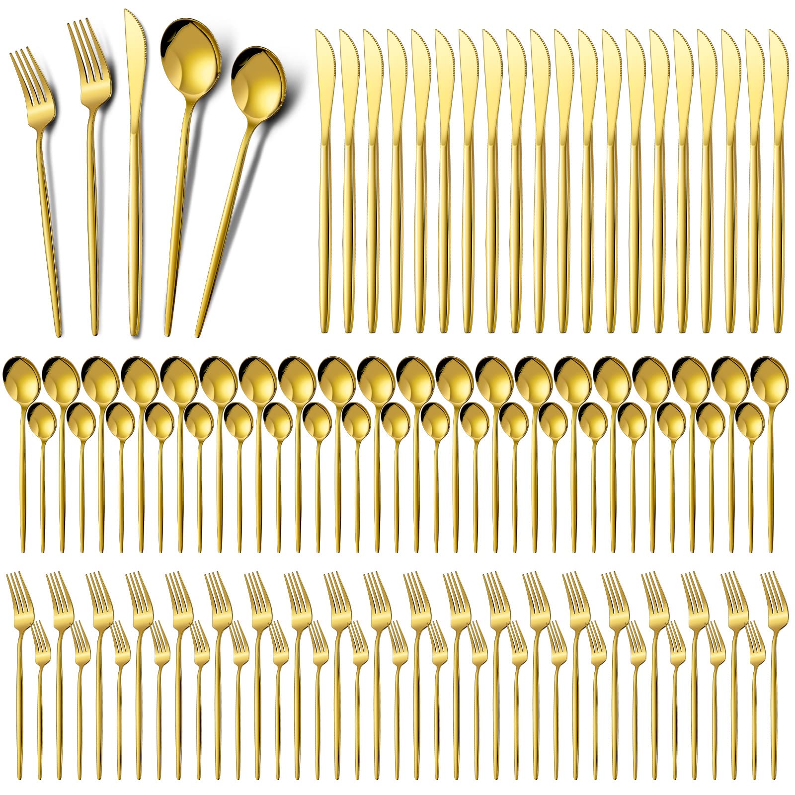 100 Pcs Gold Silverware Set Stainless Steel Flatware Service Set for 20, Kitchen Home Tableware Cutlery Utensils Spoon Fork Knives Black Gold Silverware Mirror Polished Dishwasher Safe (Gold)