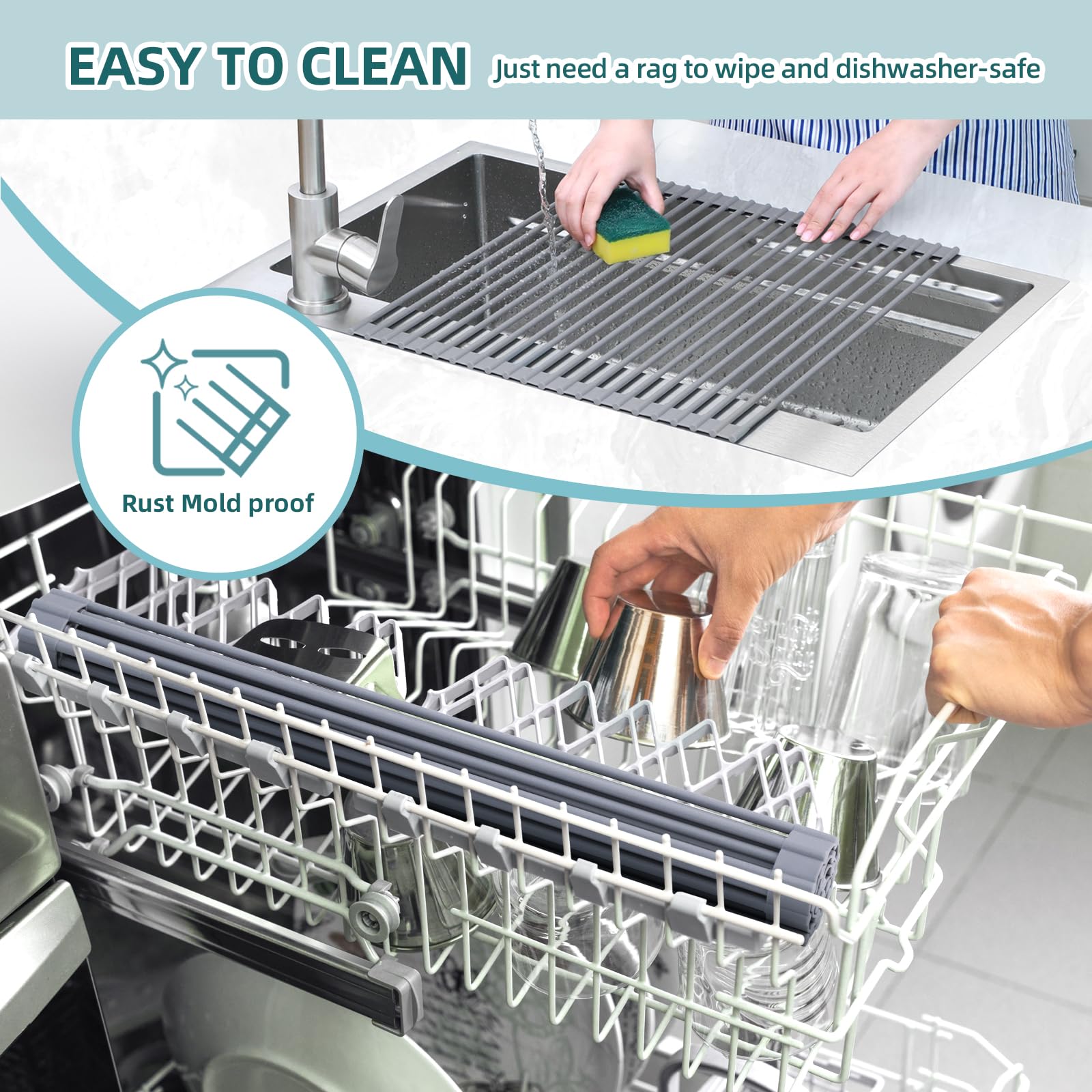 Ohuhu Over Sink Dish Drying Rack 17.6" L x 15.4" W Large Roll Up Drainer Foldable Rolling Mat Dryer Roll Out RV Drain - Silicone Coated Steel Multipurpose Space Saving for Kitchen Counter Anti-Slip